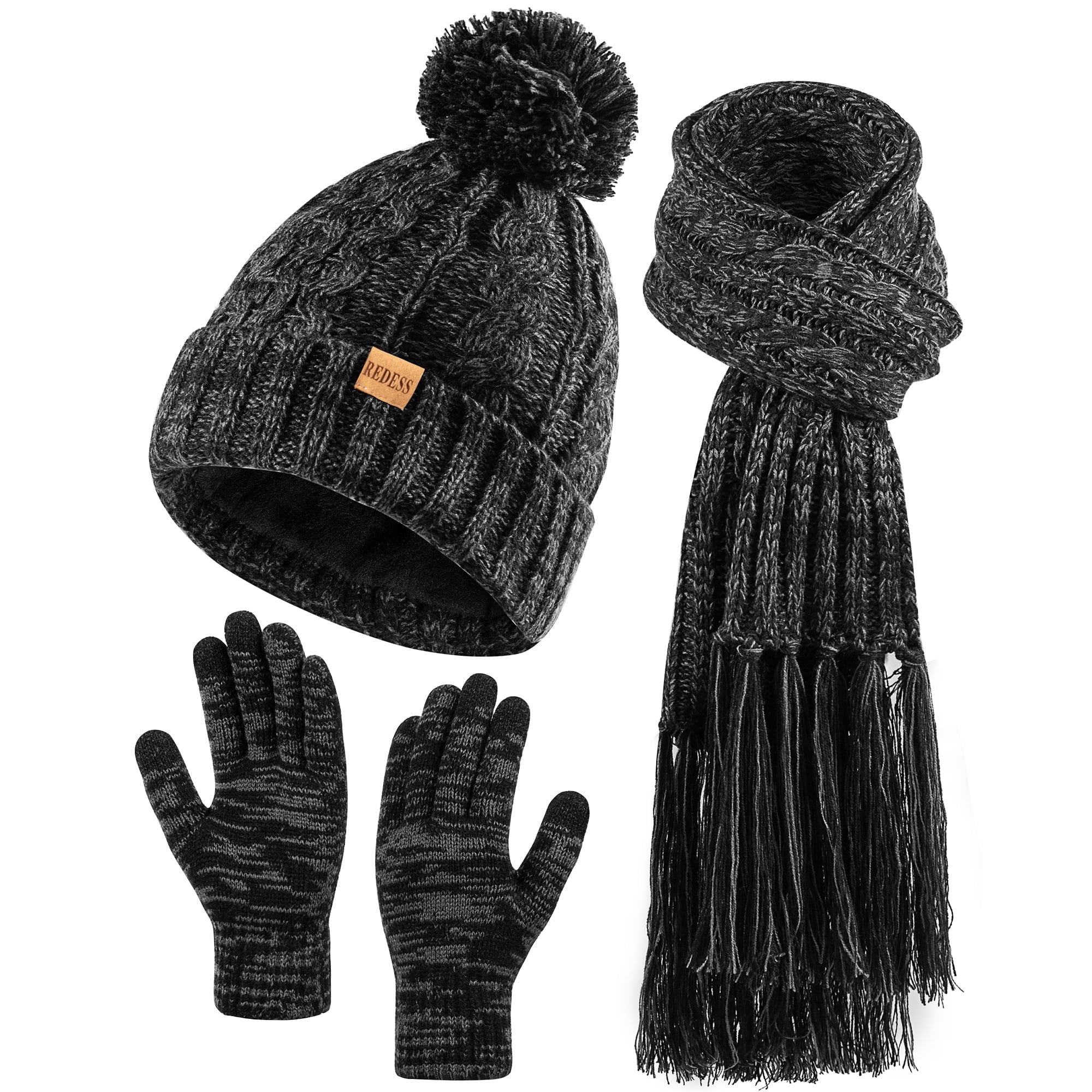 REDESS Womens Winter Hats Beanie Scarf & Gloves Sets for Women-Black ...