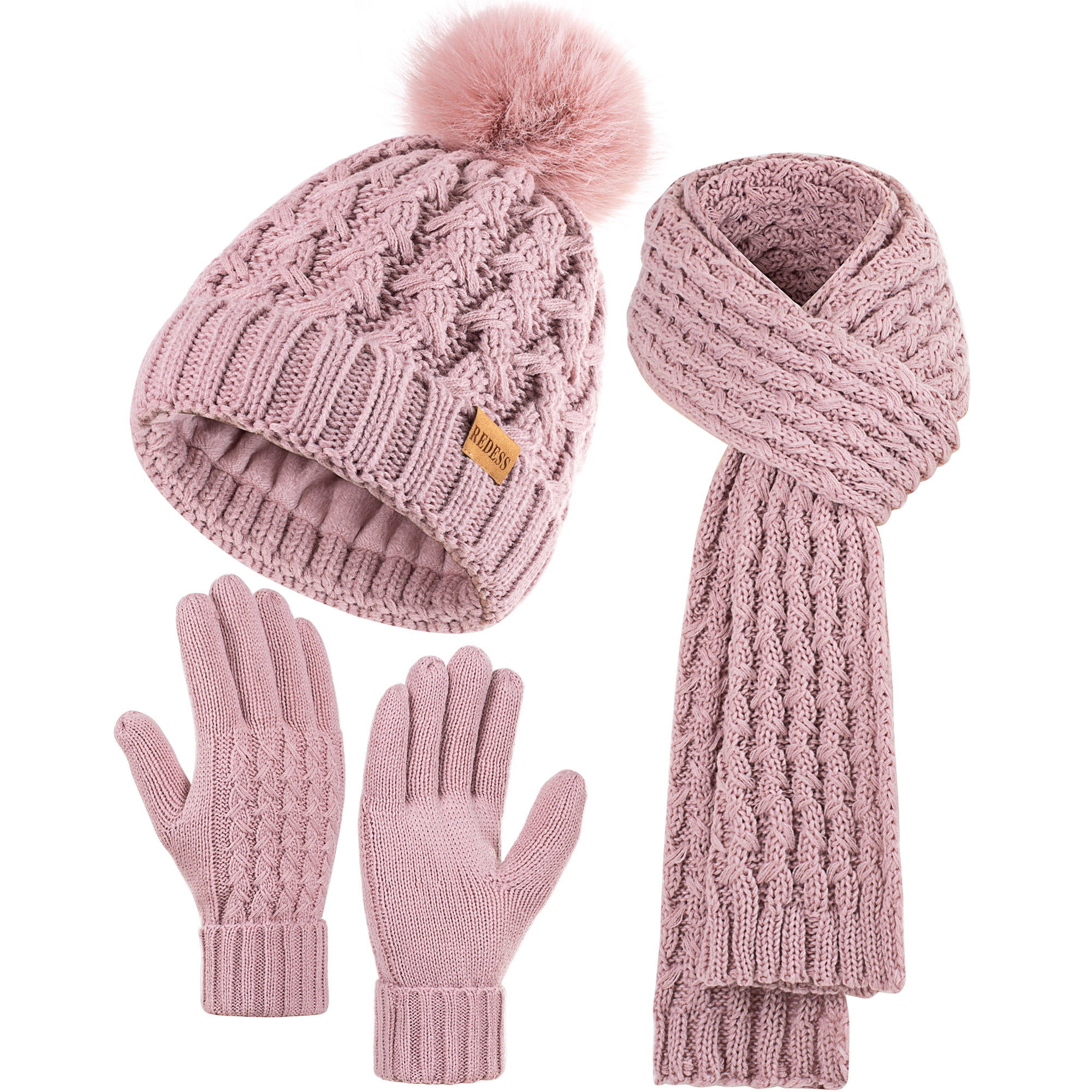 REDESS Winter Women's Beanie Hat Scarf Gloves Set, Fleece Lined Winter ...