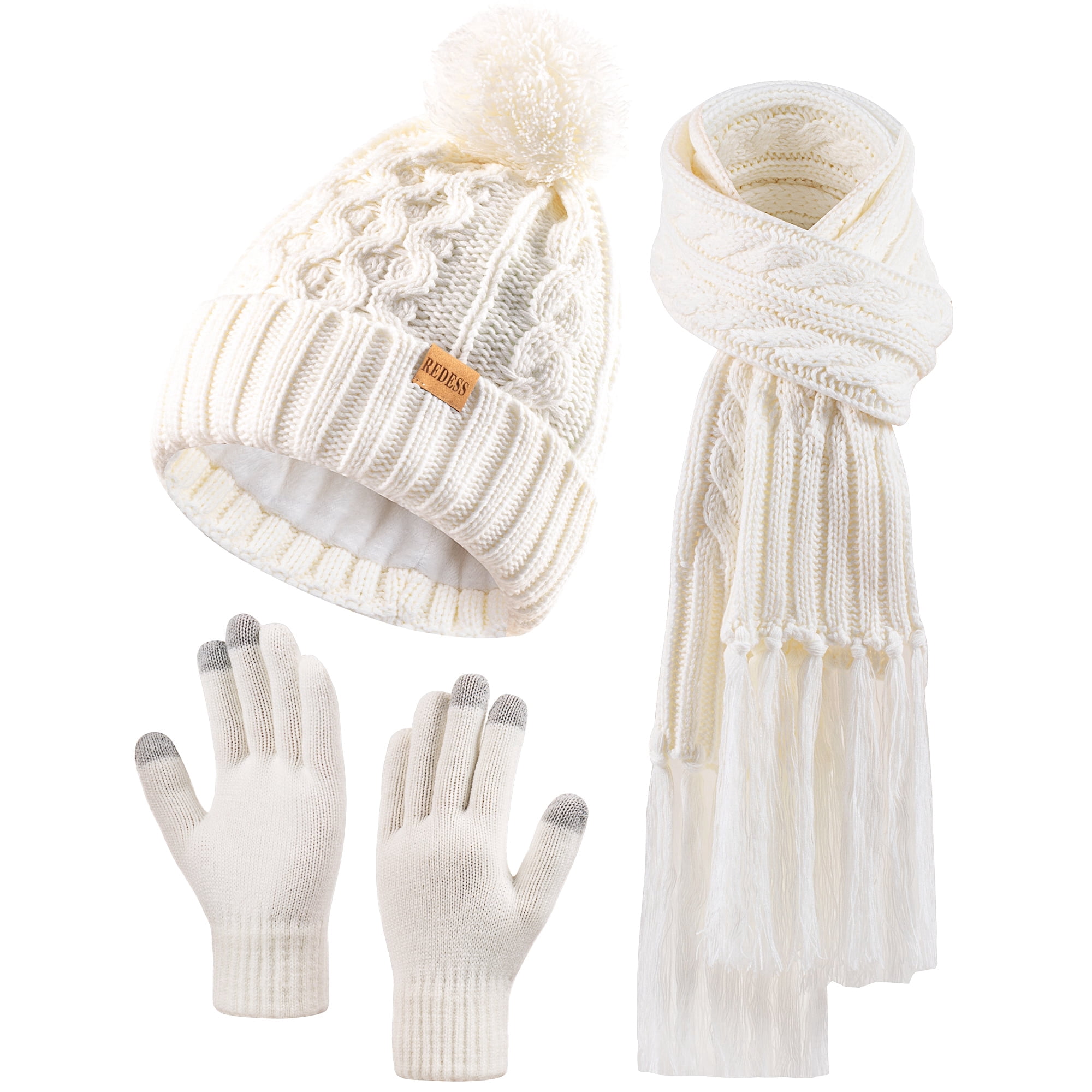 REDESS Womens Winter Hats Beanie Scarf & Gloves Sets for Women-White ...