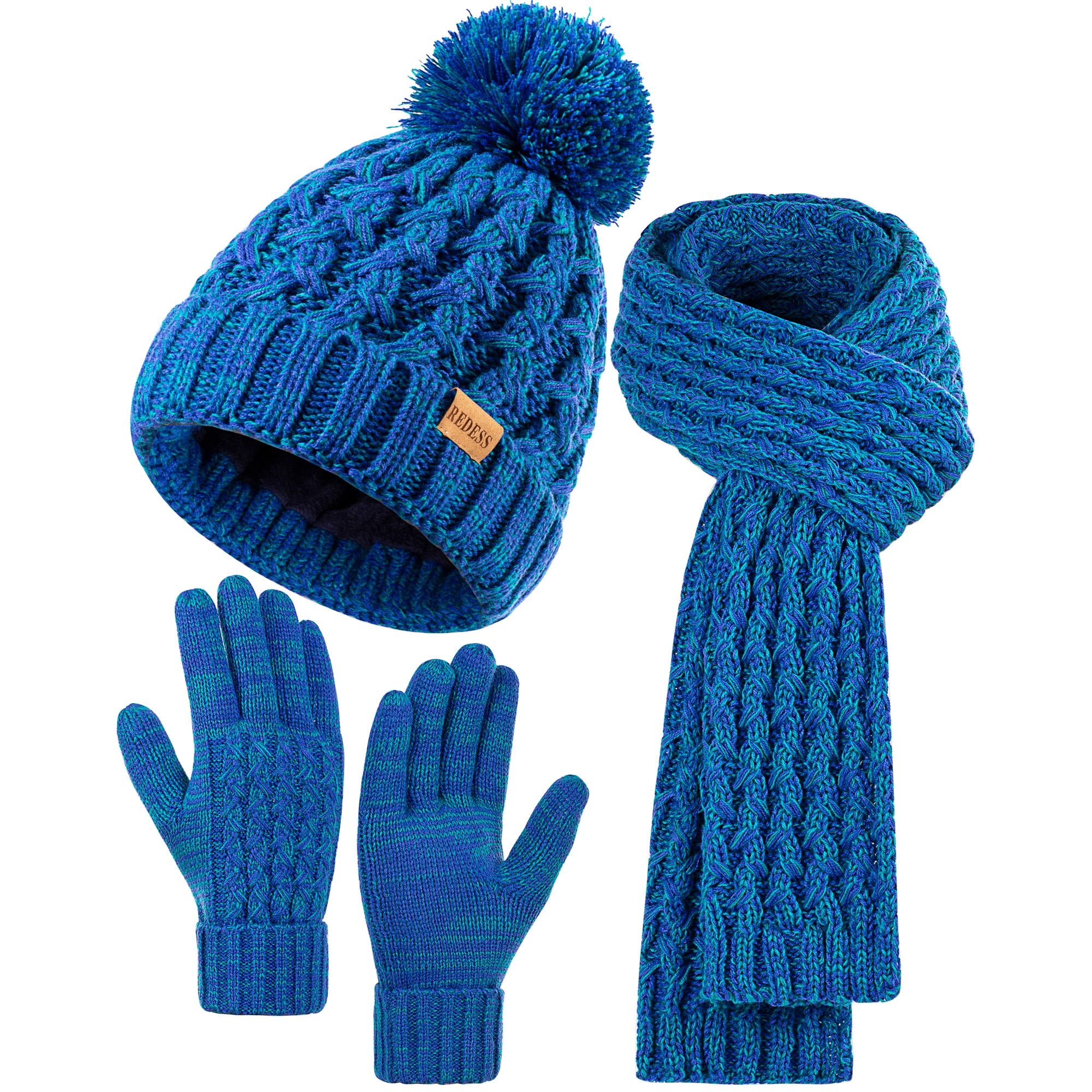 REDESS Winter Women's Beanie Hat Scarf Gloves Set, Fleece Lined Winter ...