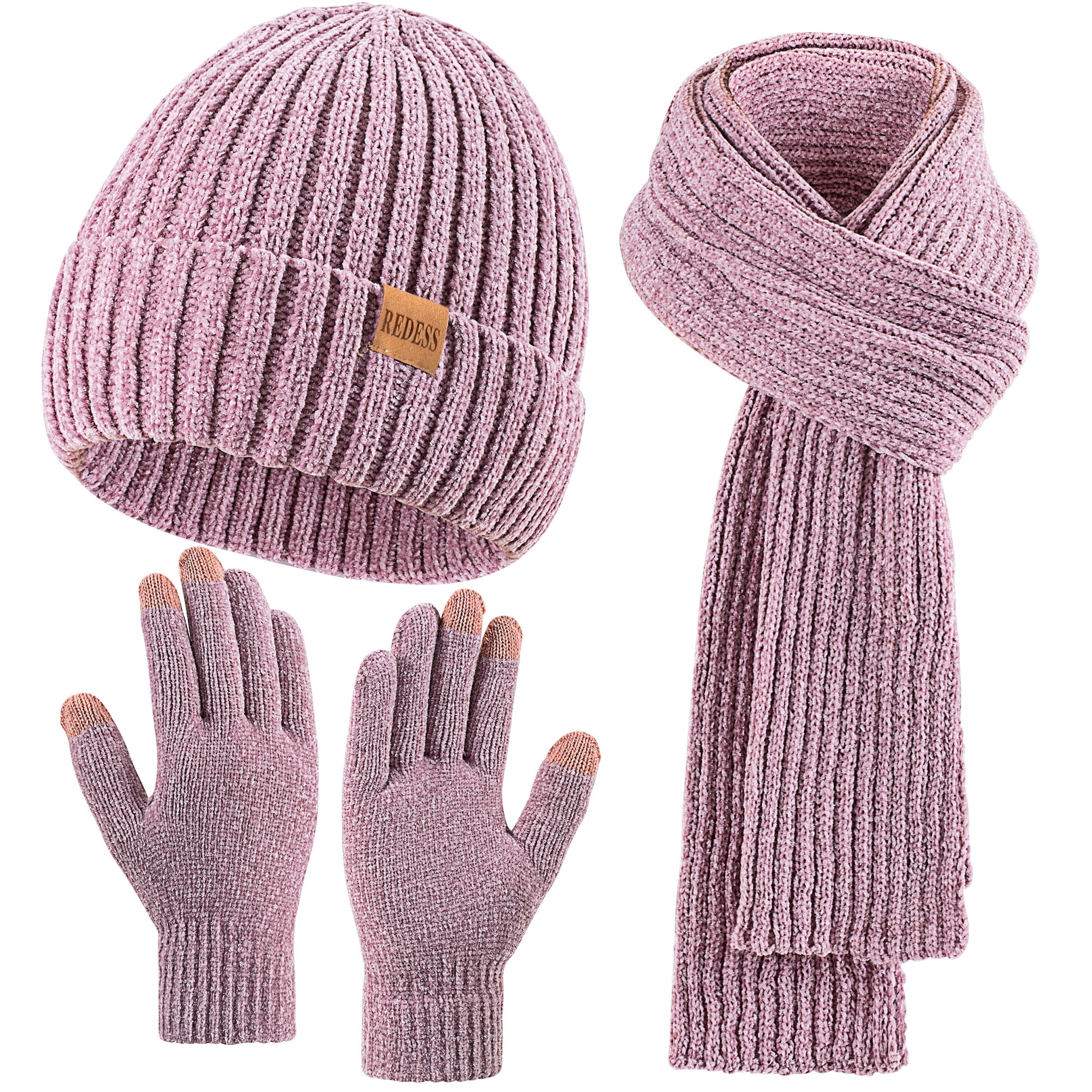 REDESS Winter Womens Chenille Beanie Hat Scarf Gloves Set-Pink ...
