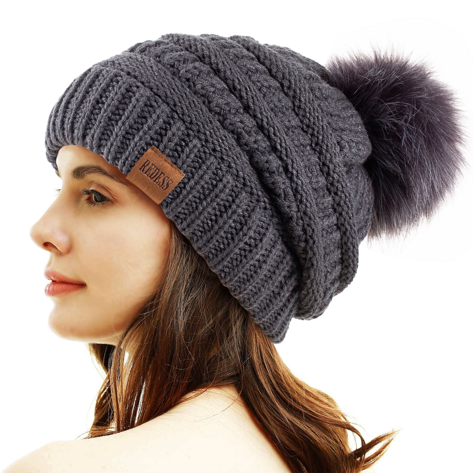 REDESS Women's Winter Pom Pom Beanie Hat - Grey, Warm, Windproof, Hand ...