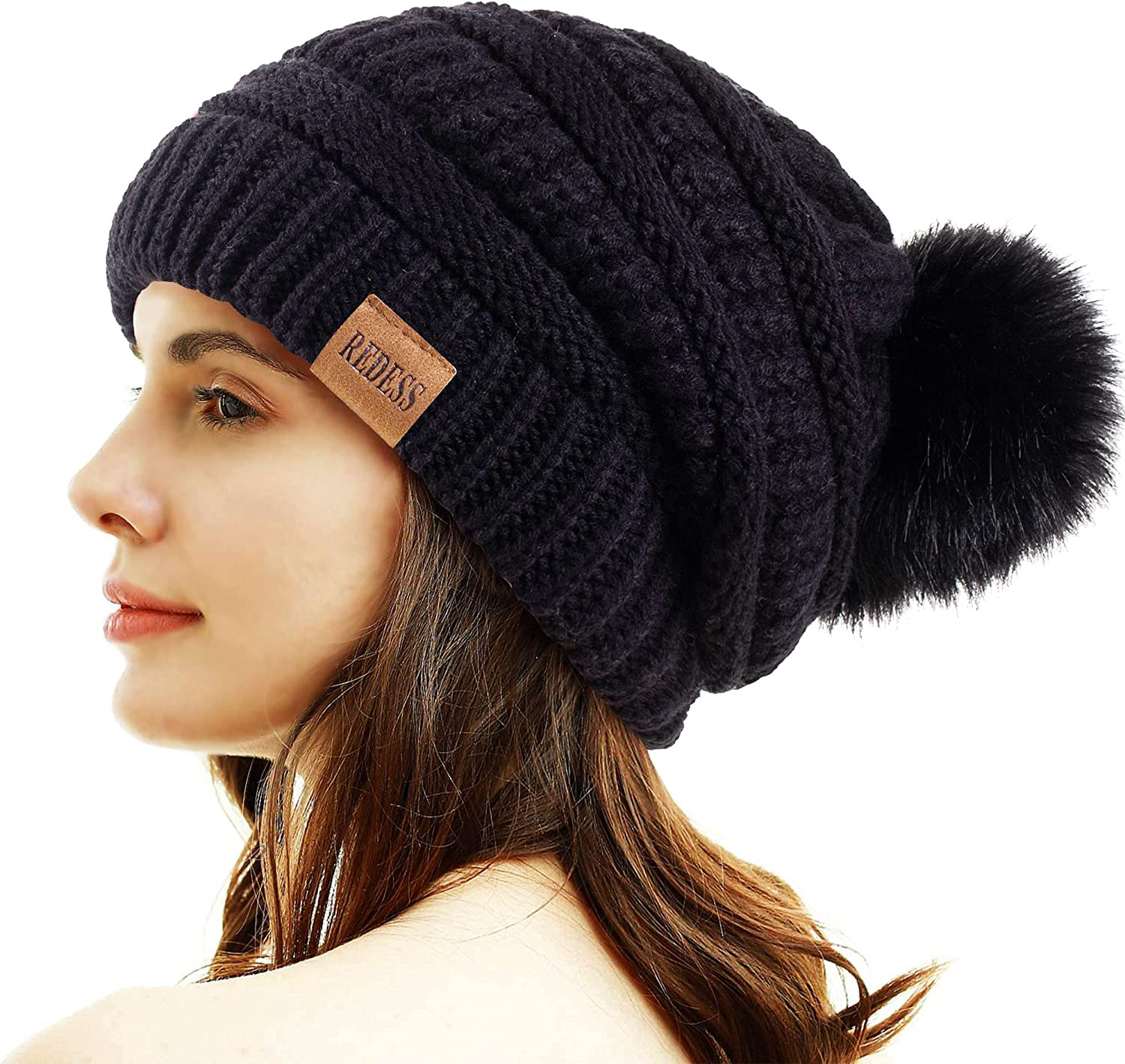 CC Woman's Pom-Pom Beanie Black White Animal Print Winter Hat One Size ...