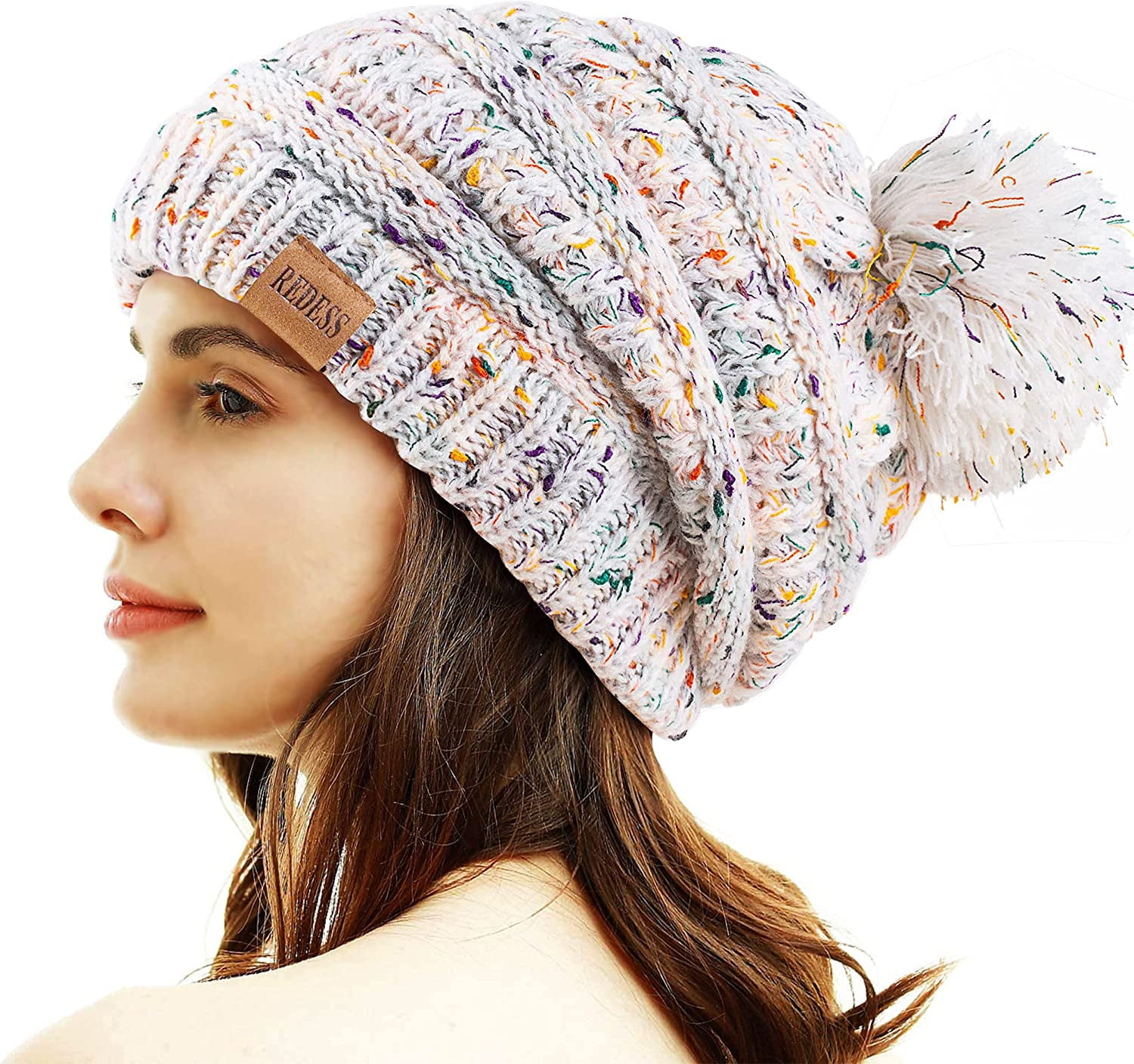 REDESS Women's Acrylic Pom Pom Beanie Hat, Confetti White, One Size ...