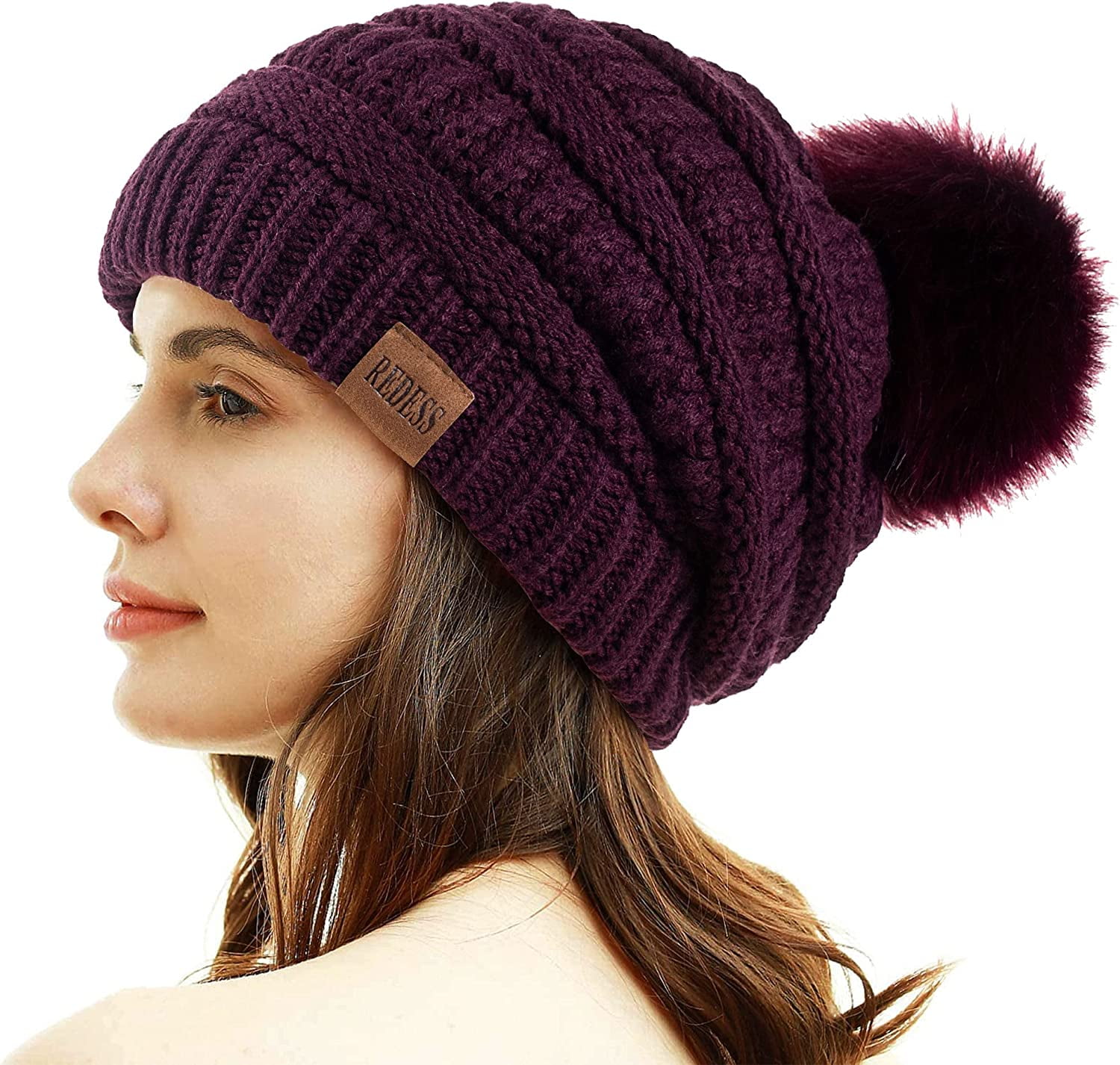 REDESS Women Winter Pom Pom Beanie Hat-Purple - Walmart.com
