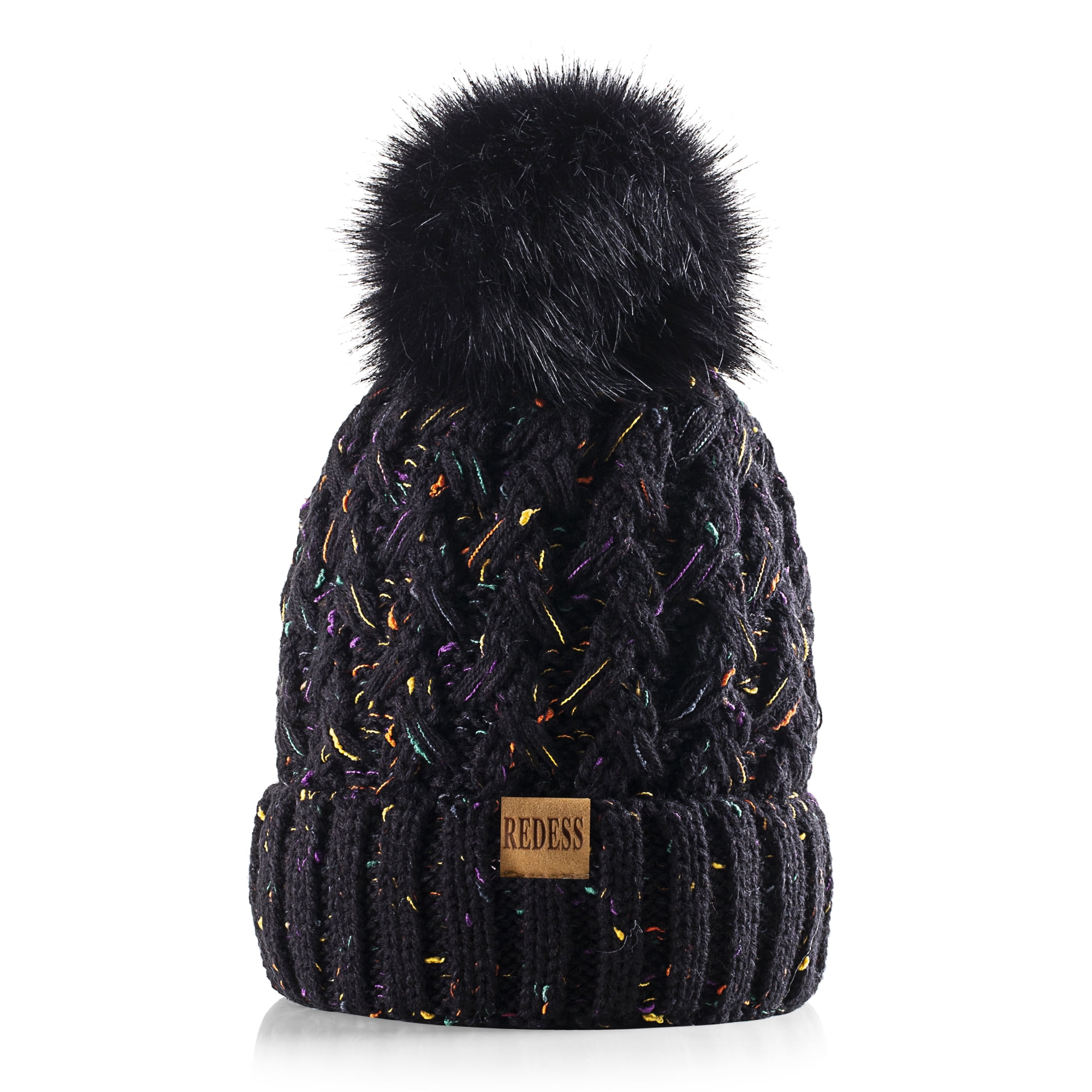 REDESS Women's Winter Pompom Beanie Hat for Women and Girl-Dot Black ...