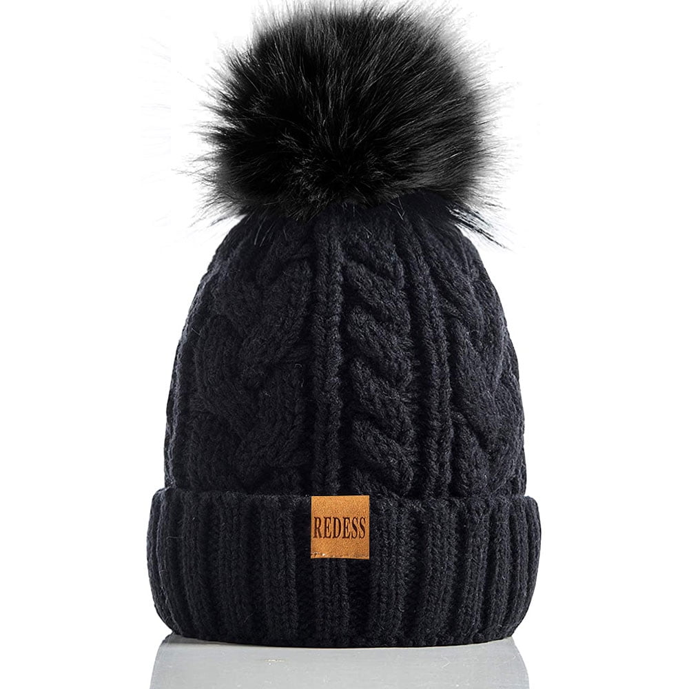 REDESS Women's Cold Weather Pompom Beanie Hat with Warm Fleece Lining ...