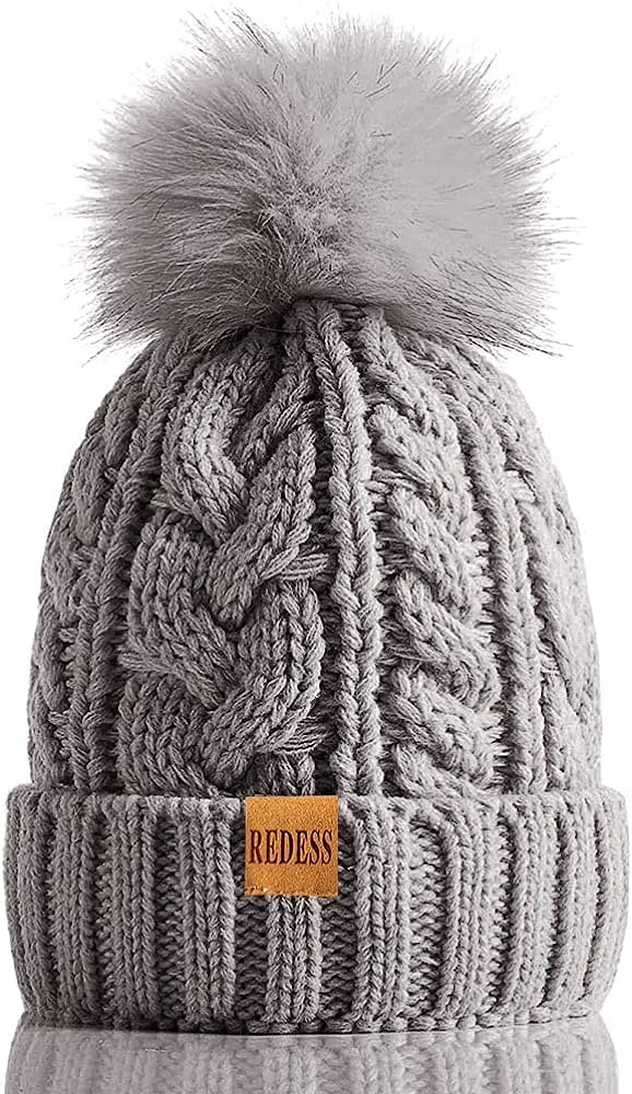 REDESS Women Winter Pompom Beanie with Fleece Lining, Thick Snow Knit ...
