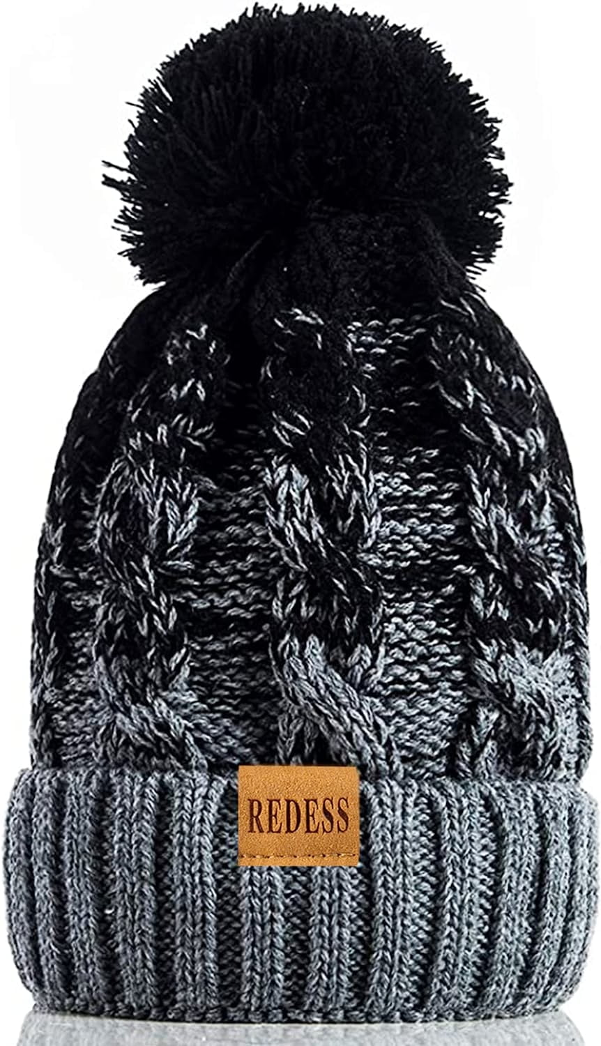 REDESS Women's Cold Weather Pompom Beanie Hat, Warm Fleece Lined, Thick ...