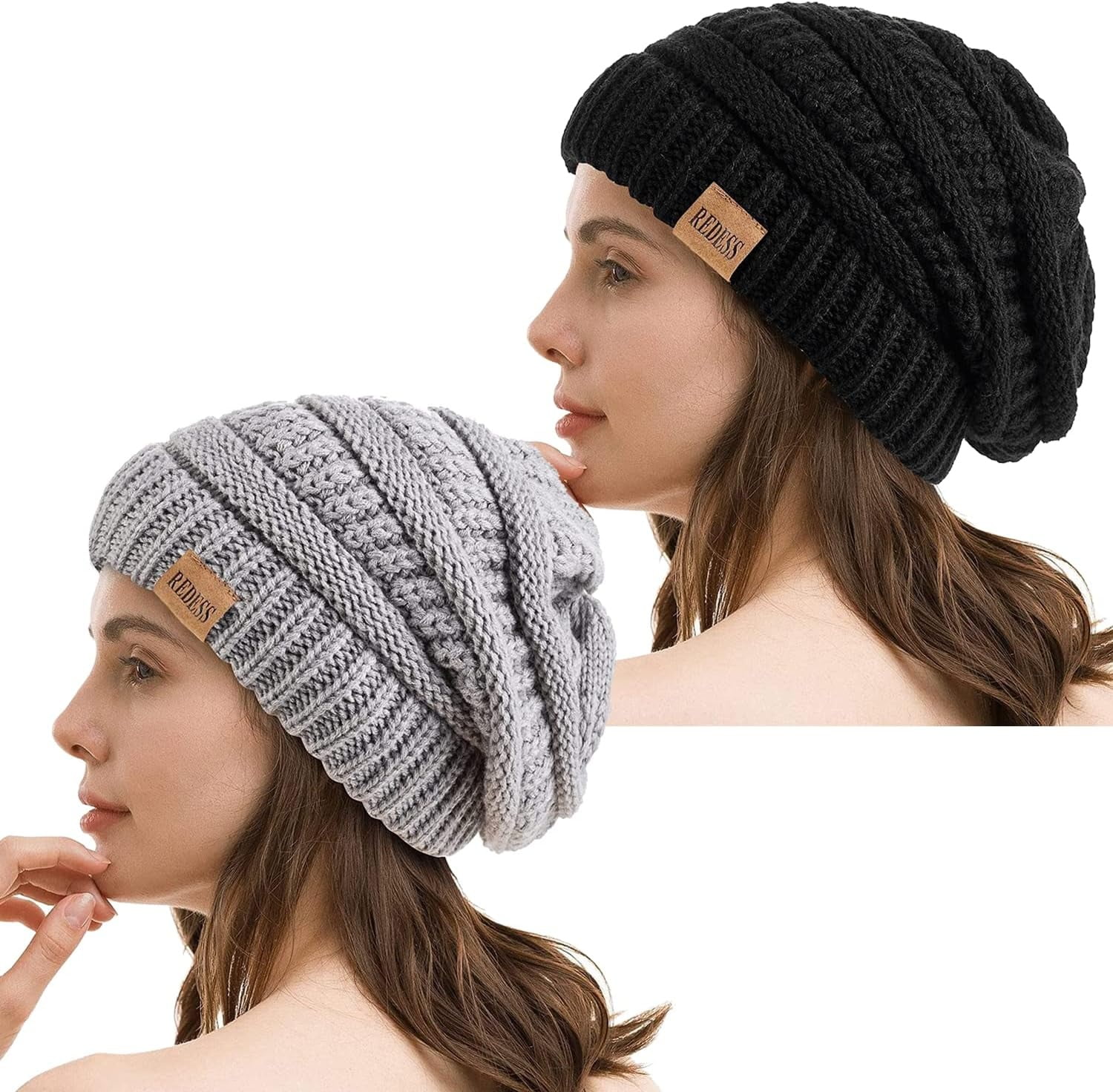 REDESS 2Pcs Slouchy Black and Gray Beanie Hat for Women Winter Warm ...