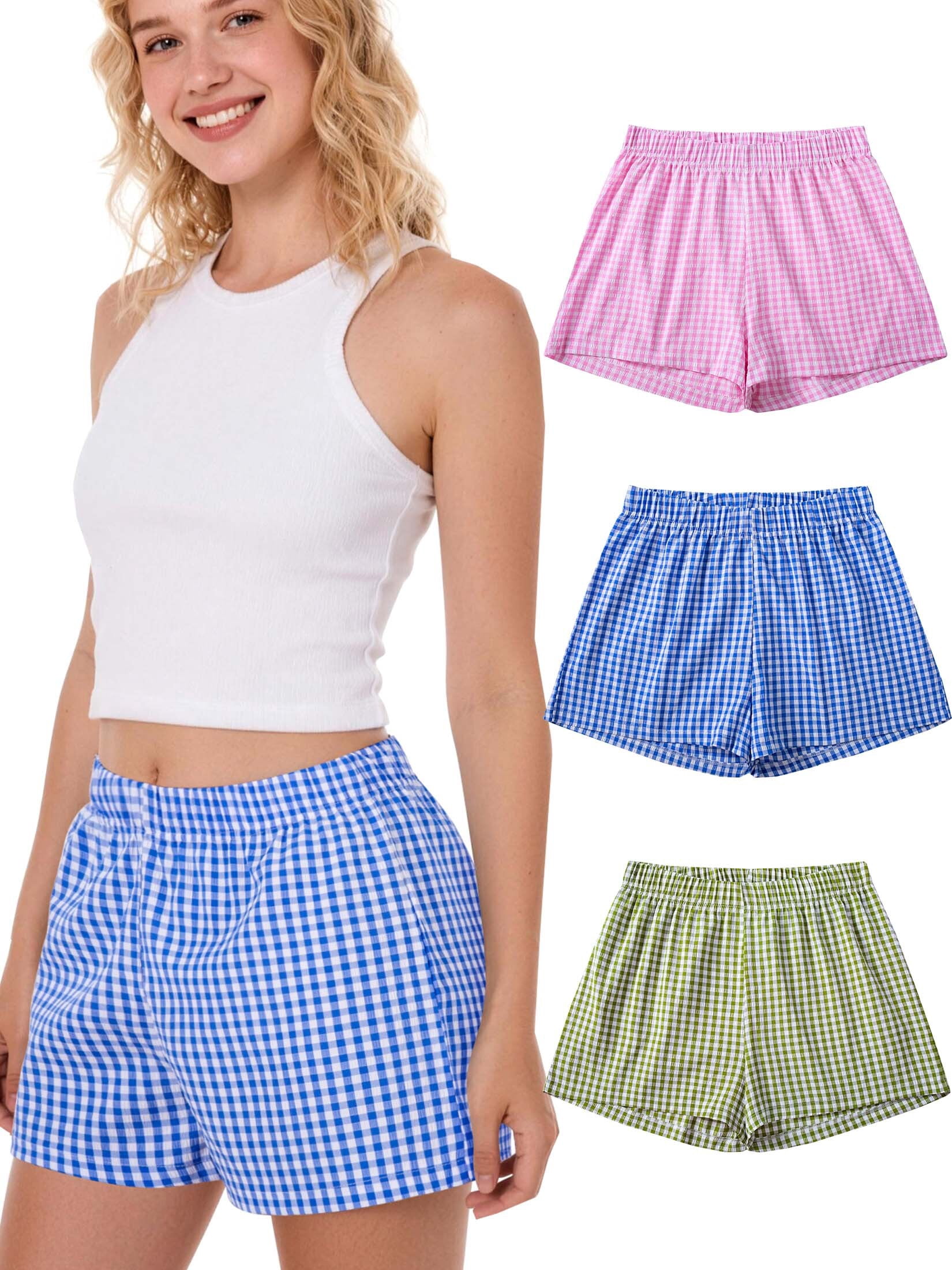 REDESS Women's Pajamas Boxer Shorts Plaid Pattern Summer Casual Lounge ...