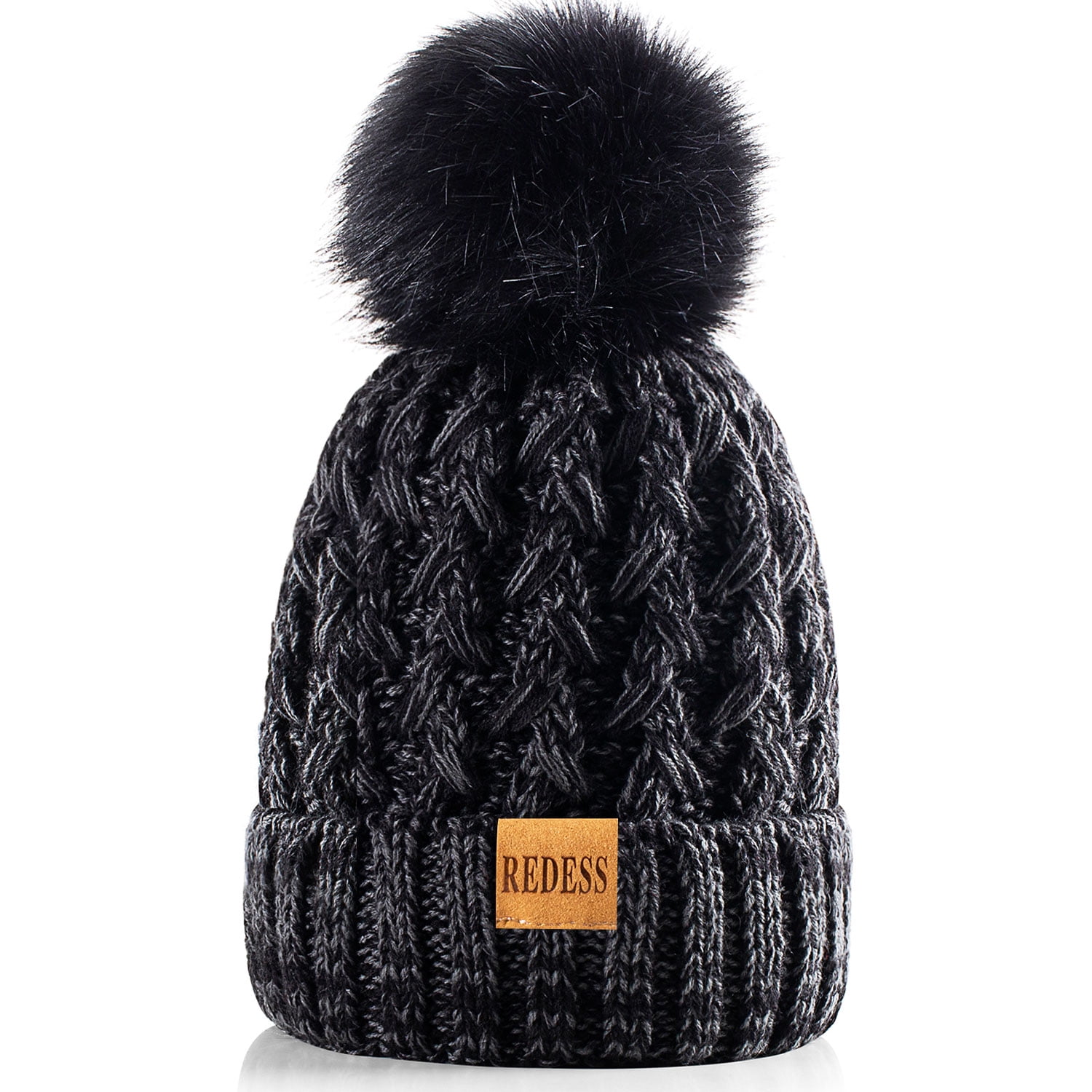 REDESS Women's Winter Pompom Beanie Hat - Mix Black, Windproof, Warm ...