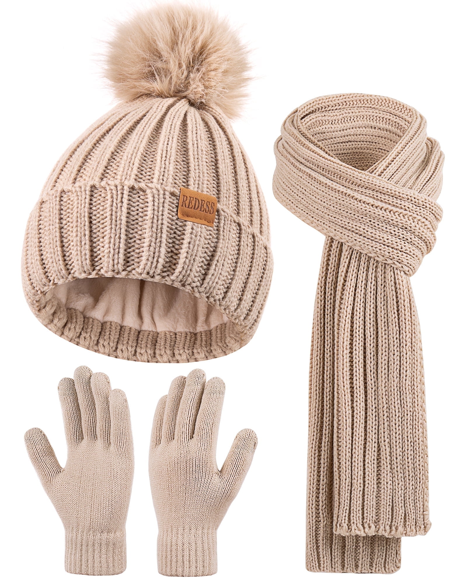 REDESS Womens Beanie Hat Scarf Gloves Set, Fleece Lined Winter Hat Long ...