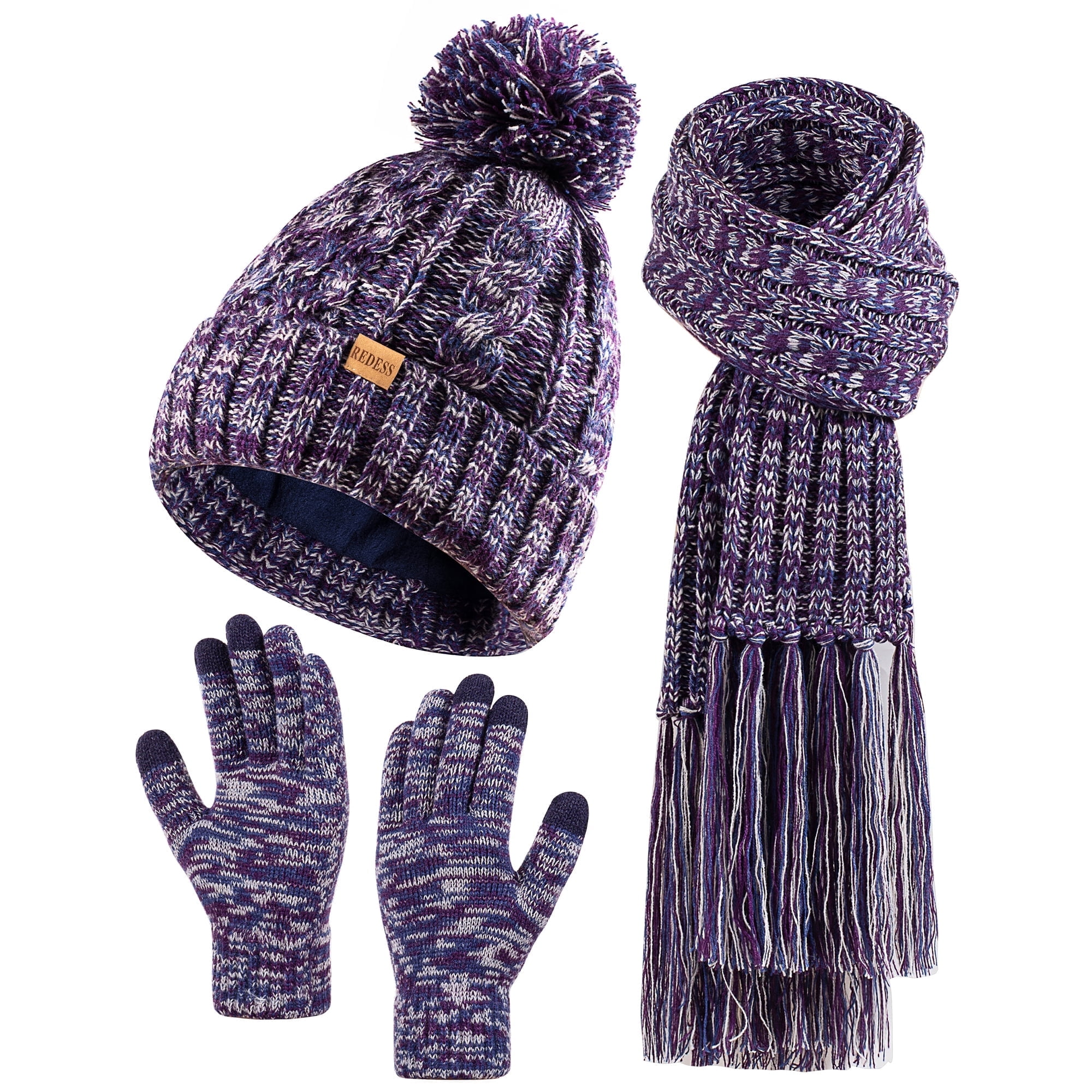 REDESS Womens Winter Hats Beanie Scarf & Gloves Sets for Women-Purple ...