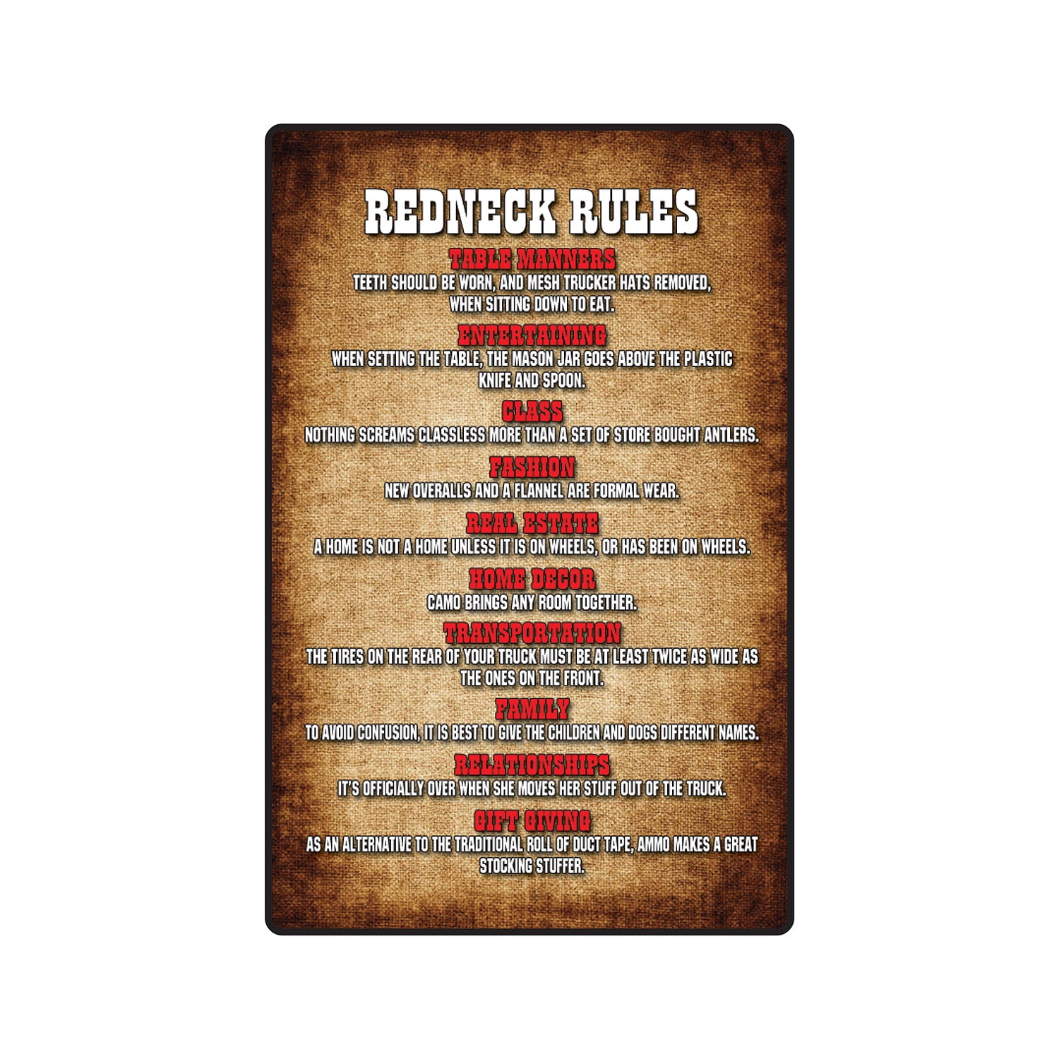REDNECK RULES Aluminum Sign country southern hillbilly humor | Indoor ...