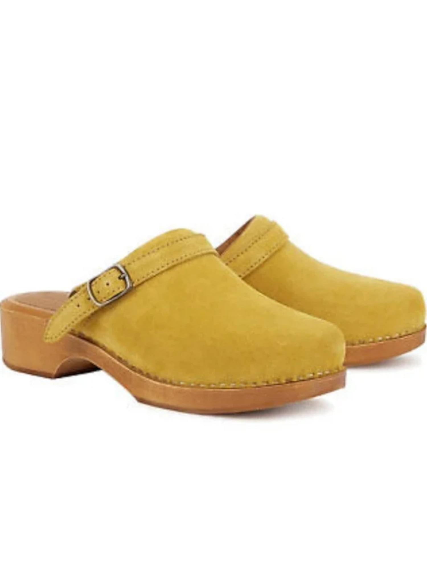 REDONE Womens Yellow Padded 70s Round Toe Block Heel Buckle Leather ...