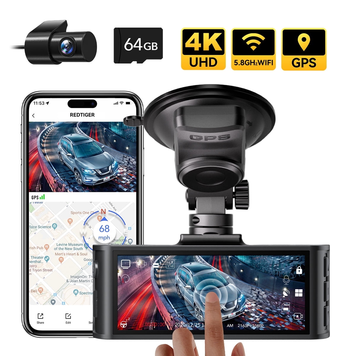 REDTIGER 4K Car Dash Cam, Touch Screen, Wifi GPS, Night Vision, WDR ...