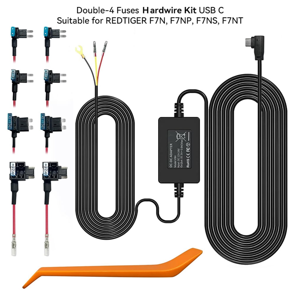 REDTIGER F7N Dash Cam Double-4 Fuses Hardwire Kit, USB C Port, 12V- 24V ...