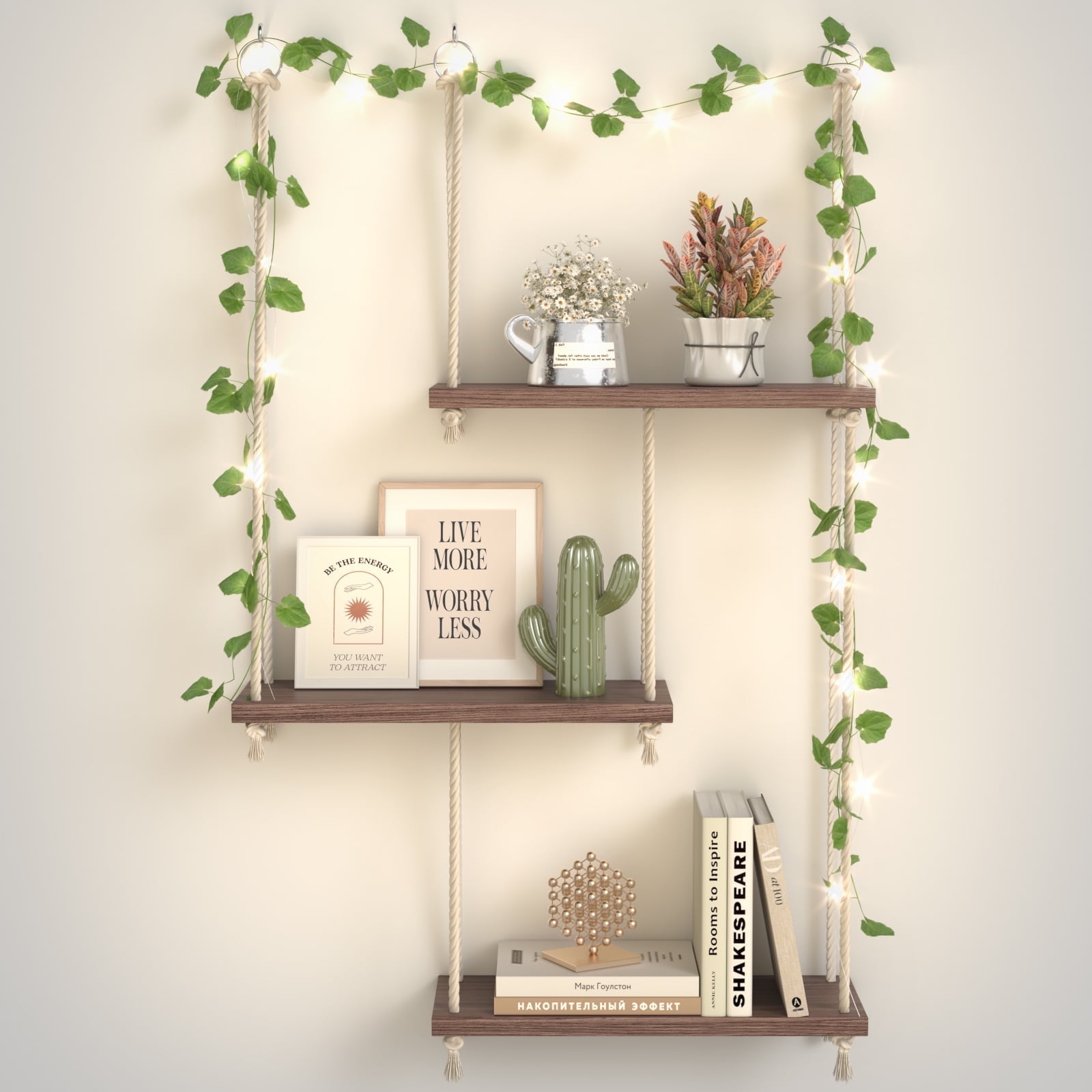 REFGY Hanging Shelves for Wall with Vine Lights, 3 Tier Rope Hanging ...
