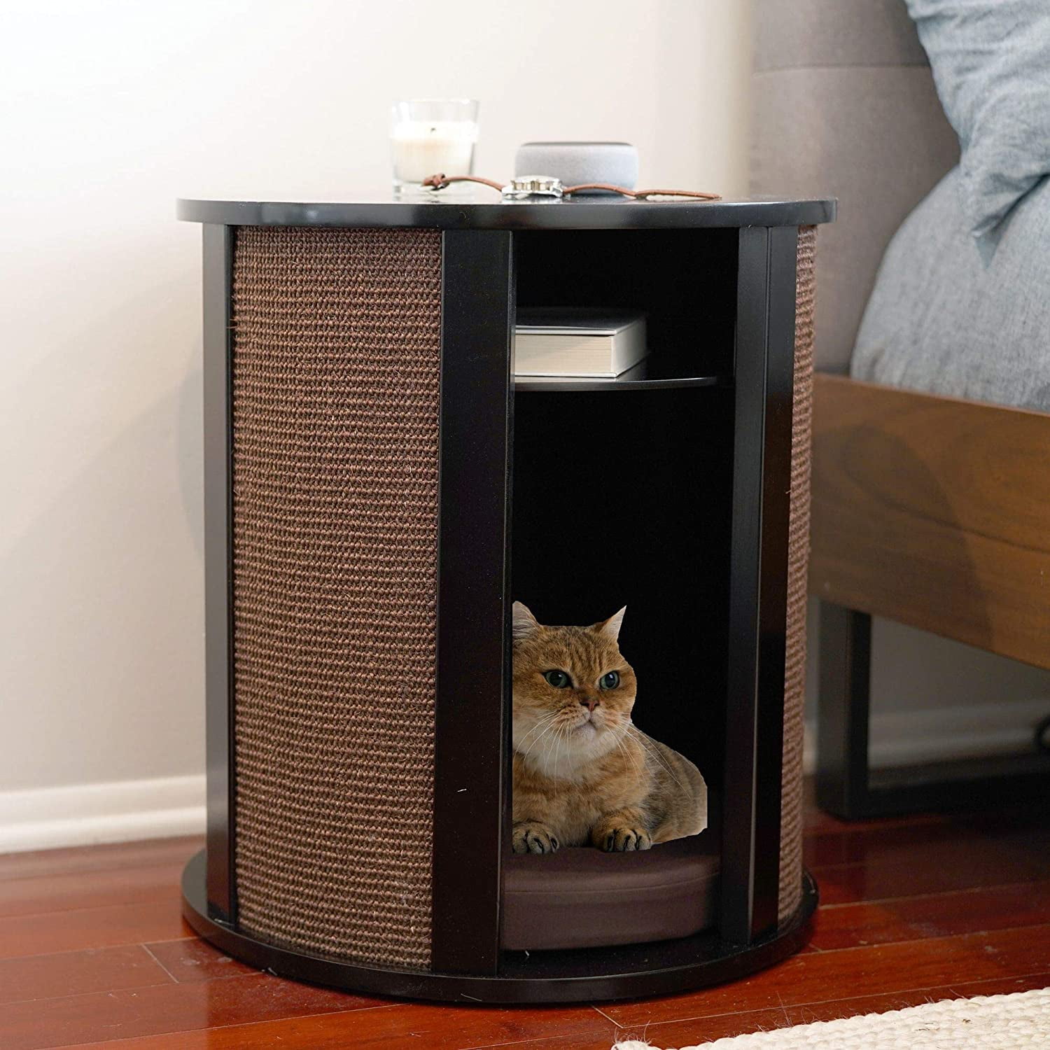 THE REFINED FELINE Purrrrfect End Table Cat Bed Cave in Black Espresso, Multipurpose Wood Cat ...