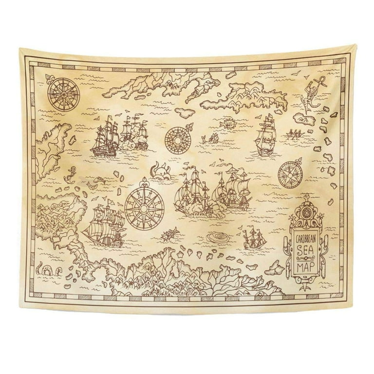 Caribbean Sea Treasure Map Nautical Ancient Pirate Treasure Map Wall