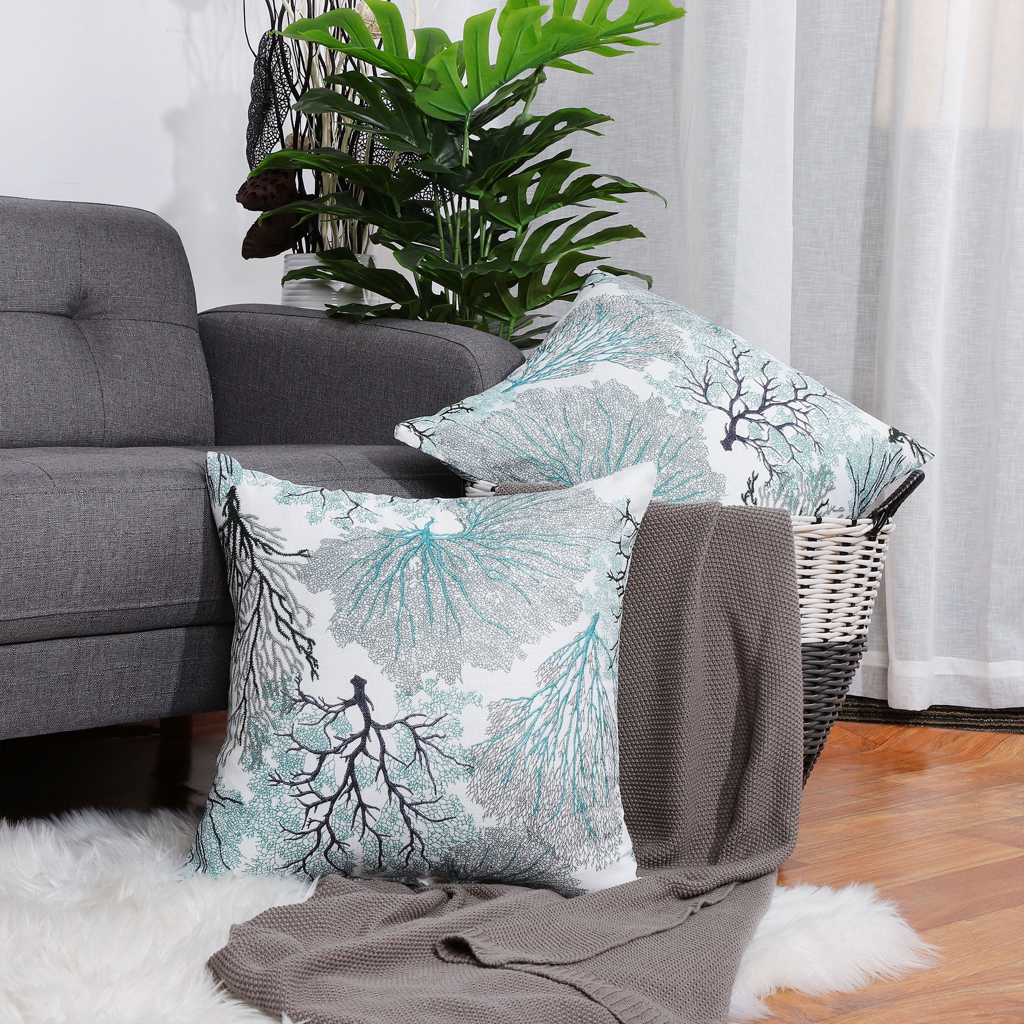 PiccoCasa 2 Pack Green Polyester Cushion Covers, Decorative Floral ...