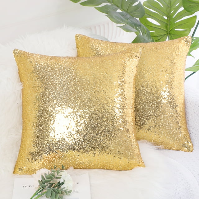 REGALWOVEN 2Pcs Gold Tone Sequin Throw Pillow Covers 16"x16 ...