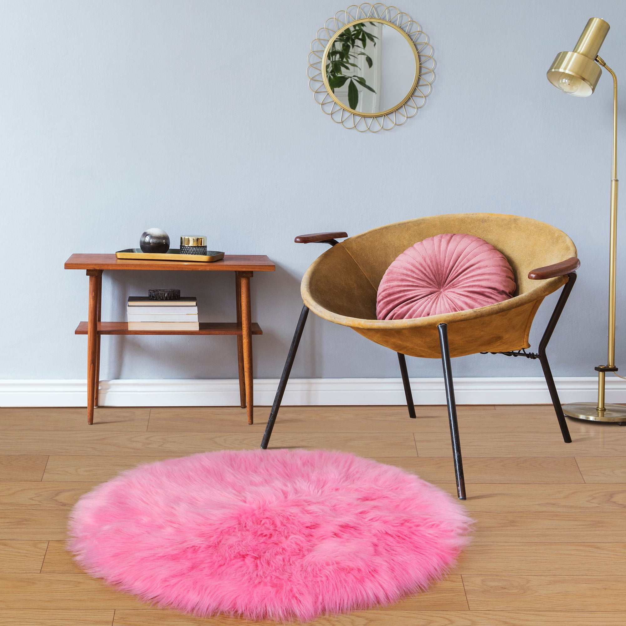 REGALWOVEN Area Rug Faux Fur Carpet for Home, 3x3 Feet Round, Rose Red ...