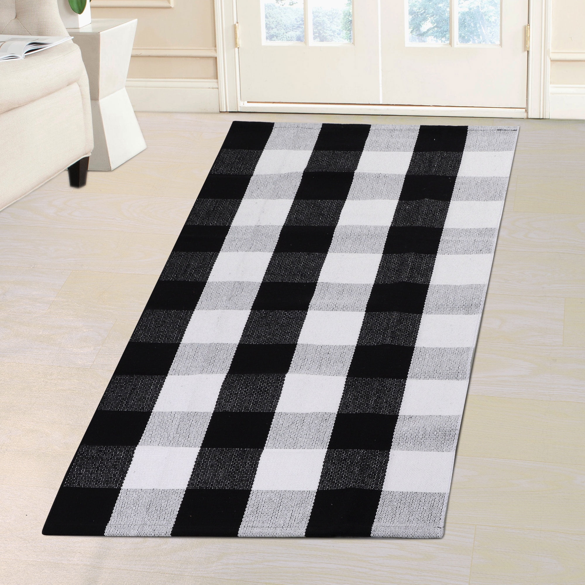 REGALWOVEN Cotton Carpet Checkered Plaid Doormat Rugs, Black & White 51 ...