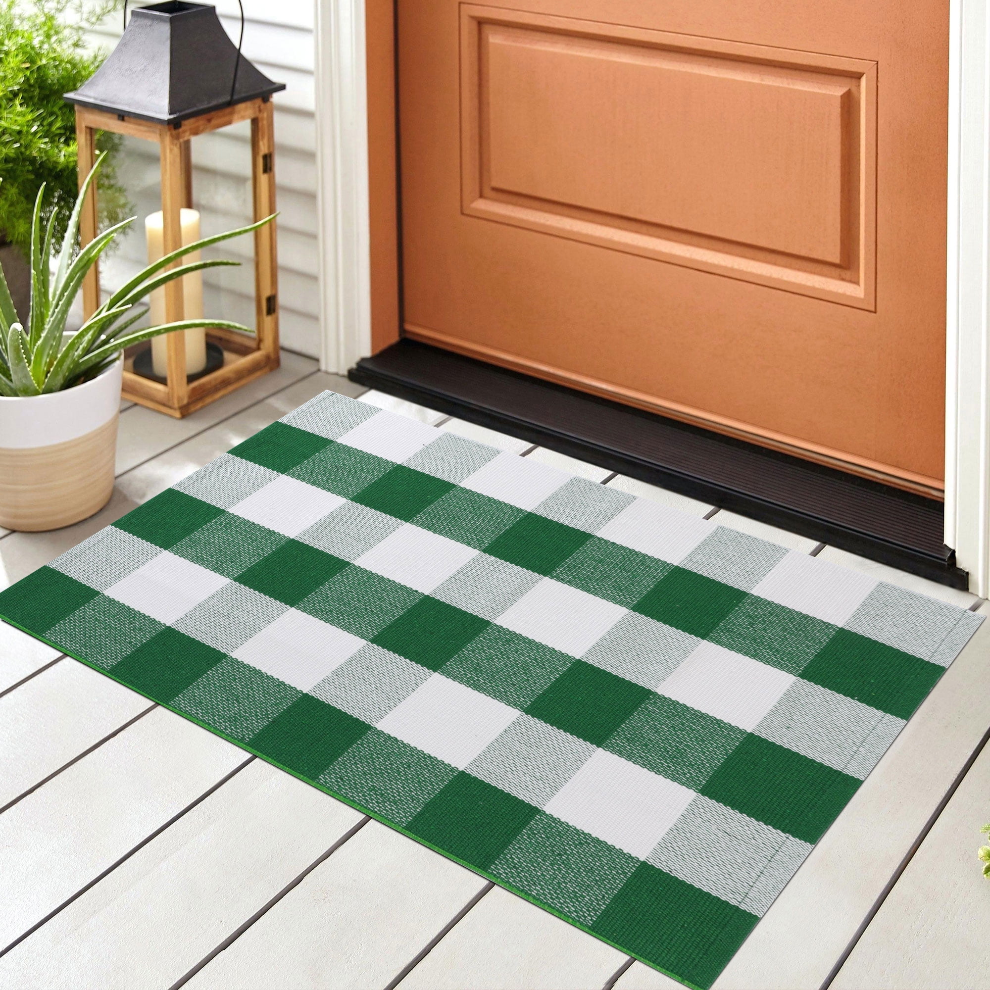 REGALWOVEN Cotton Carpet Checkered Plaid Doormat Rugs, Green & White 35 ...
