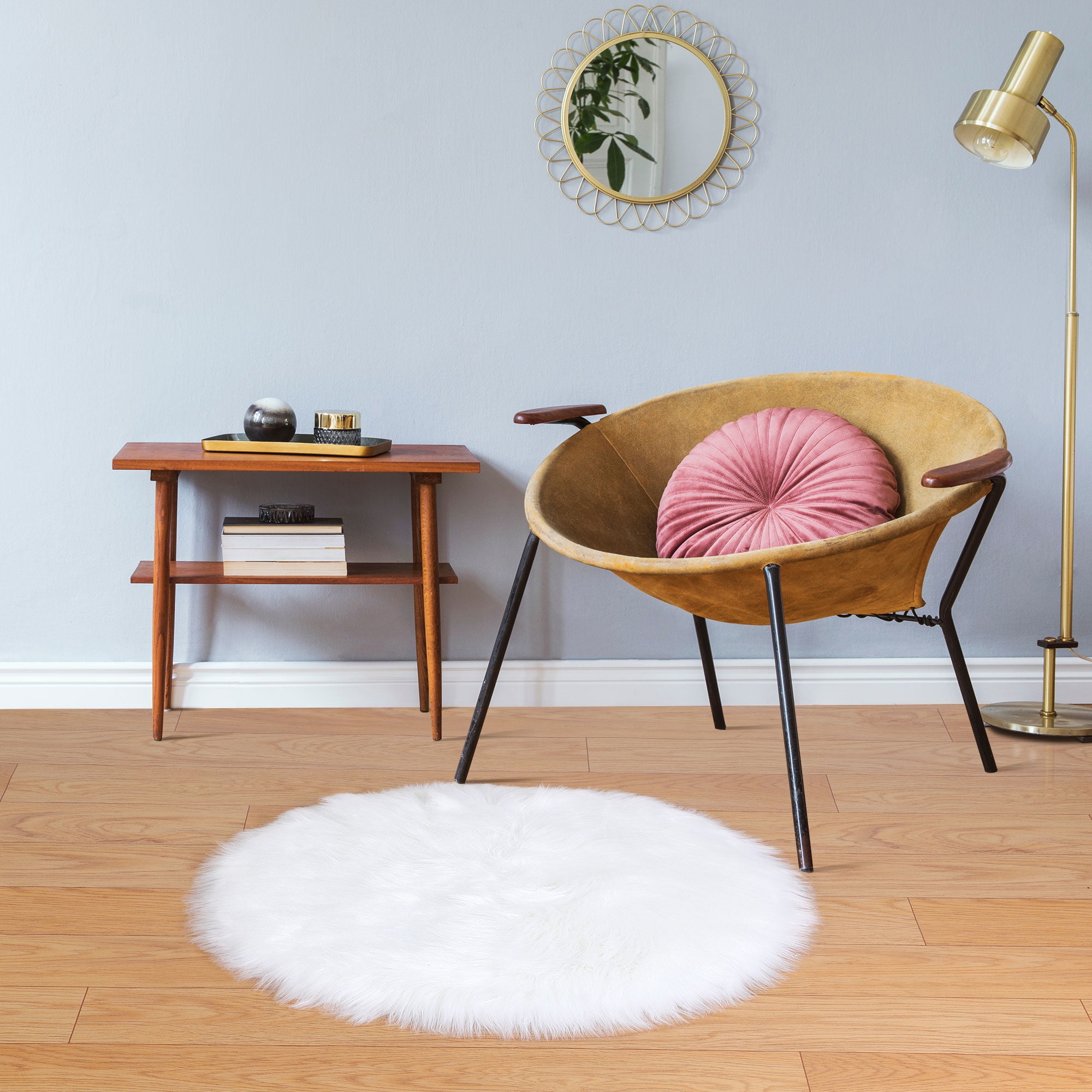 REGALWOVEN Faux Fur Area Rug Shaggy Floor Mat, White 2x2 Feet Round ...