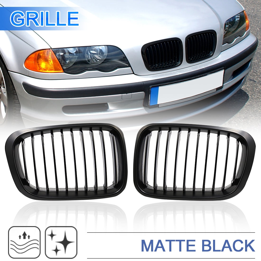 REGALWOVEN Matt Black Front Kidney Grill Grille for BMW E46 320i 325i ...