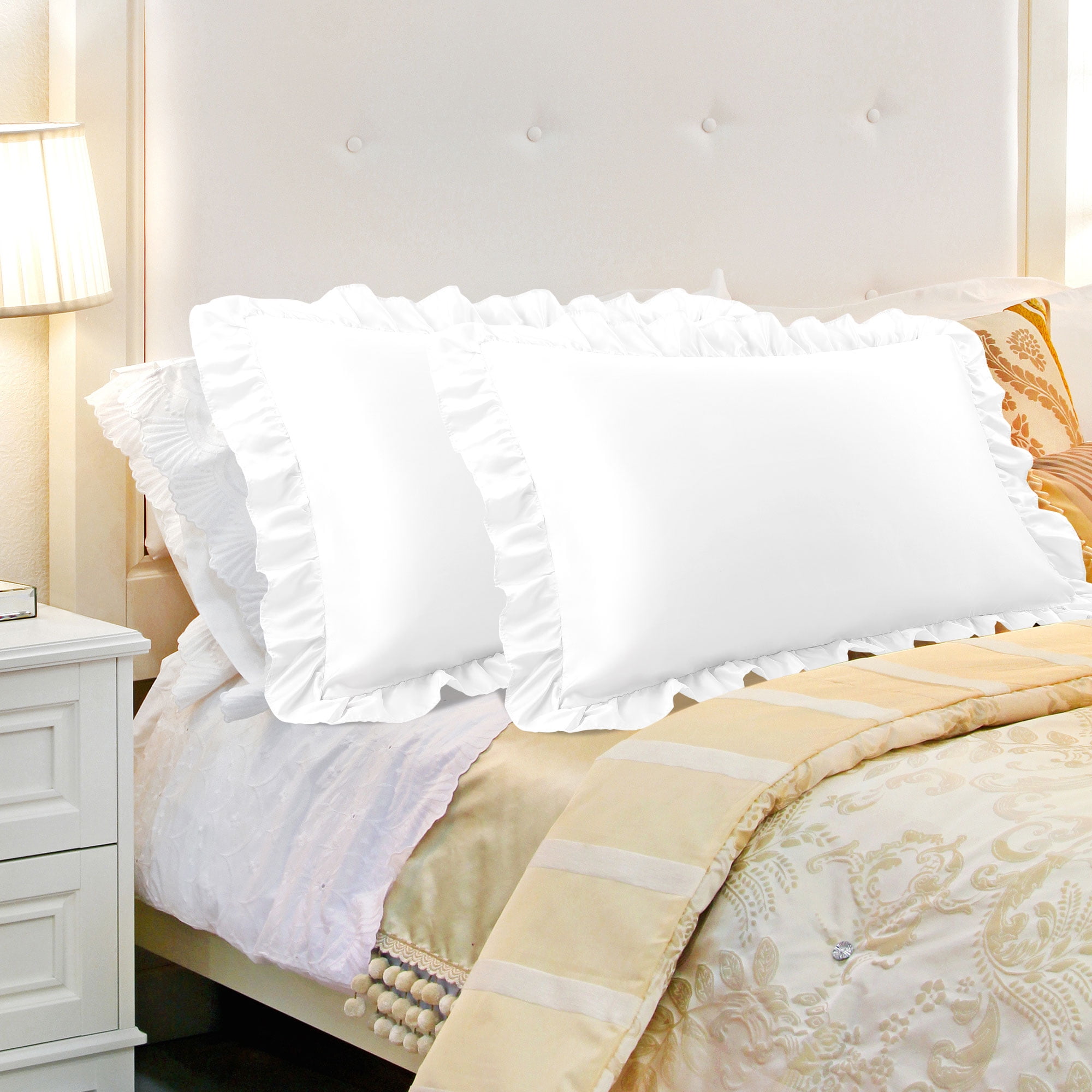 REGALWOVEN Satin Pillowcase Ruffled Pillow Shams Set of 2, White ...