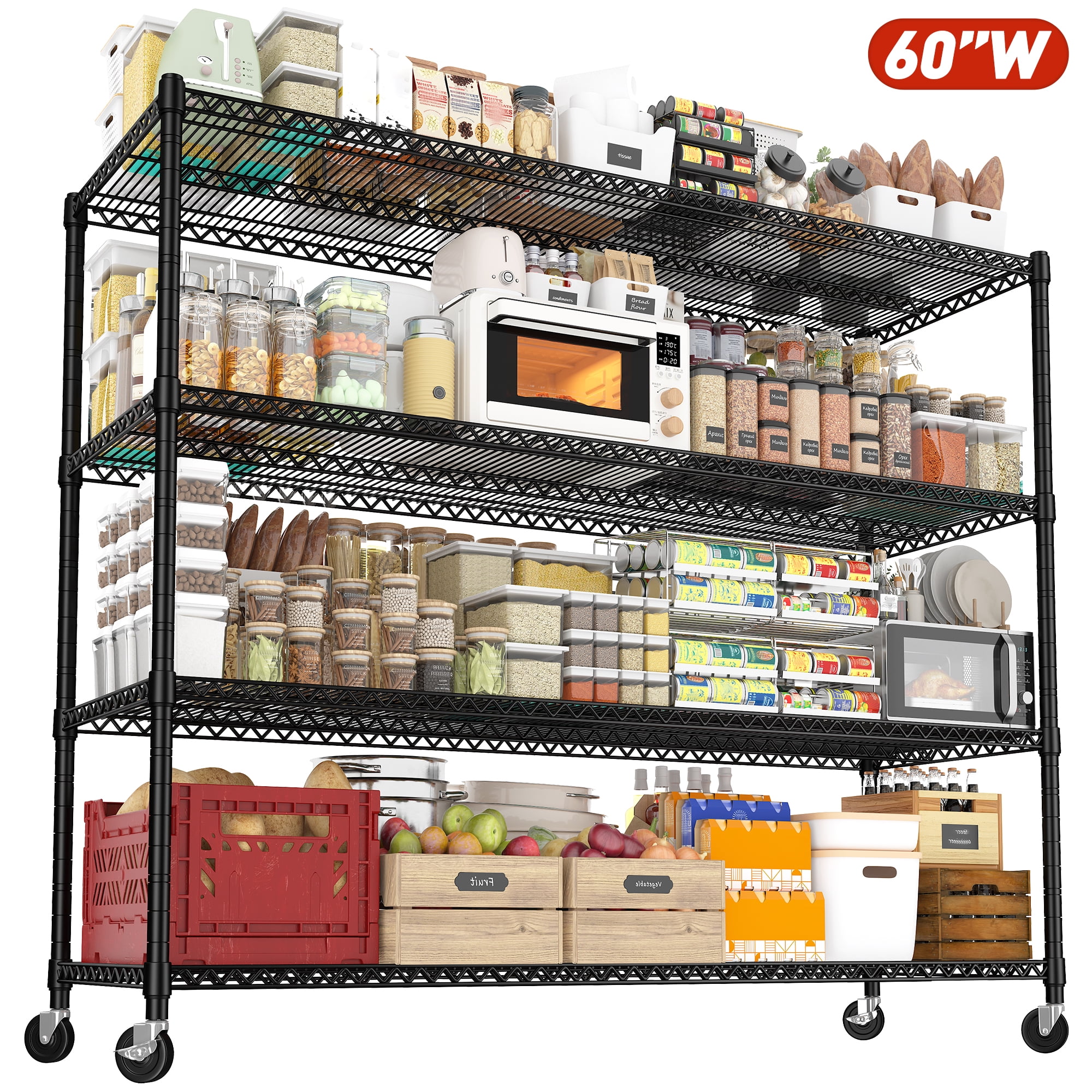 REIBII 4-Tier 60"W Wire Shelving Unit with Wheels Heavy Duty Storage ...