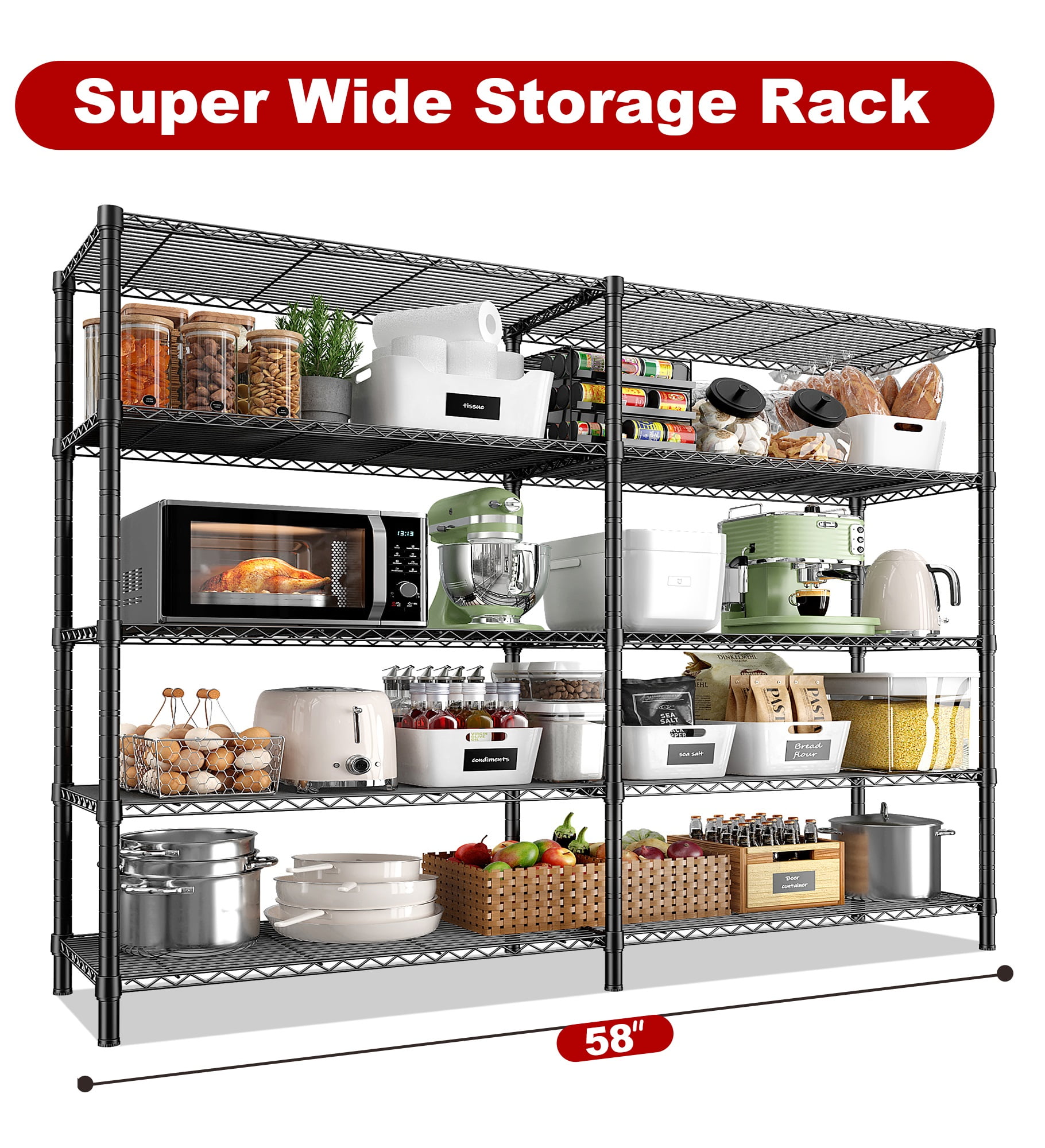 REIBII 58" Wide Storage Shelves Unit 5 Tier Wire Shelving Rack ...
