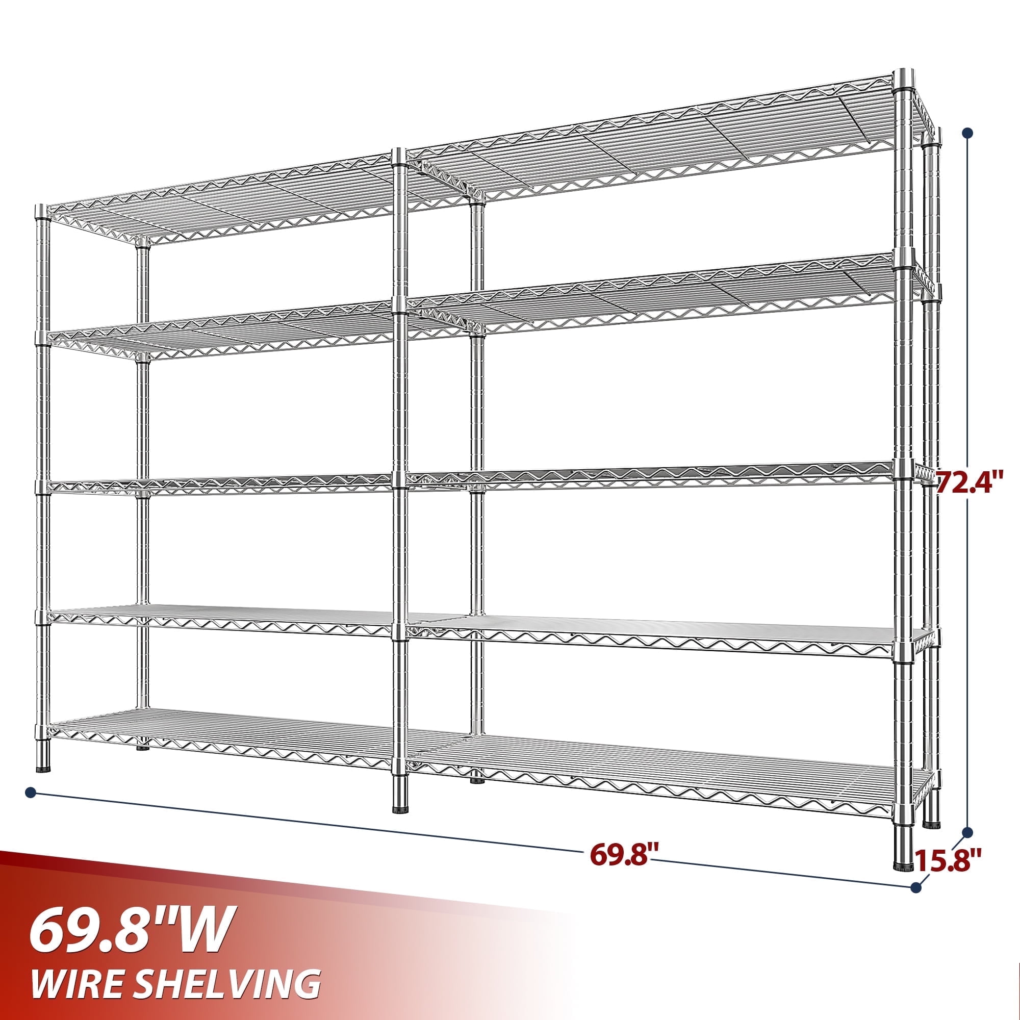 REIBII 69.8" Wide Chrome Storage Shelves for Garage Wire Shelving Unit ...