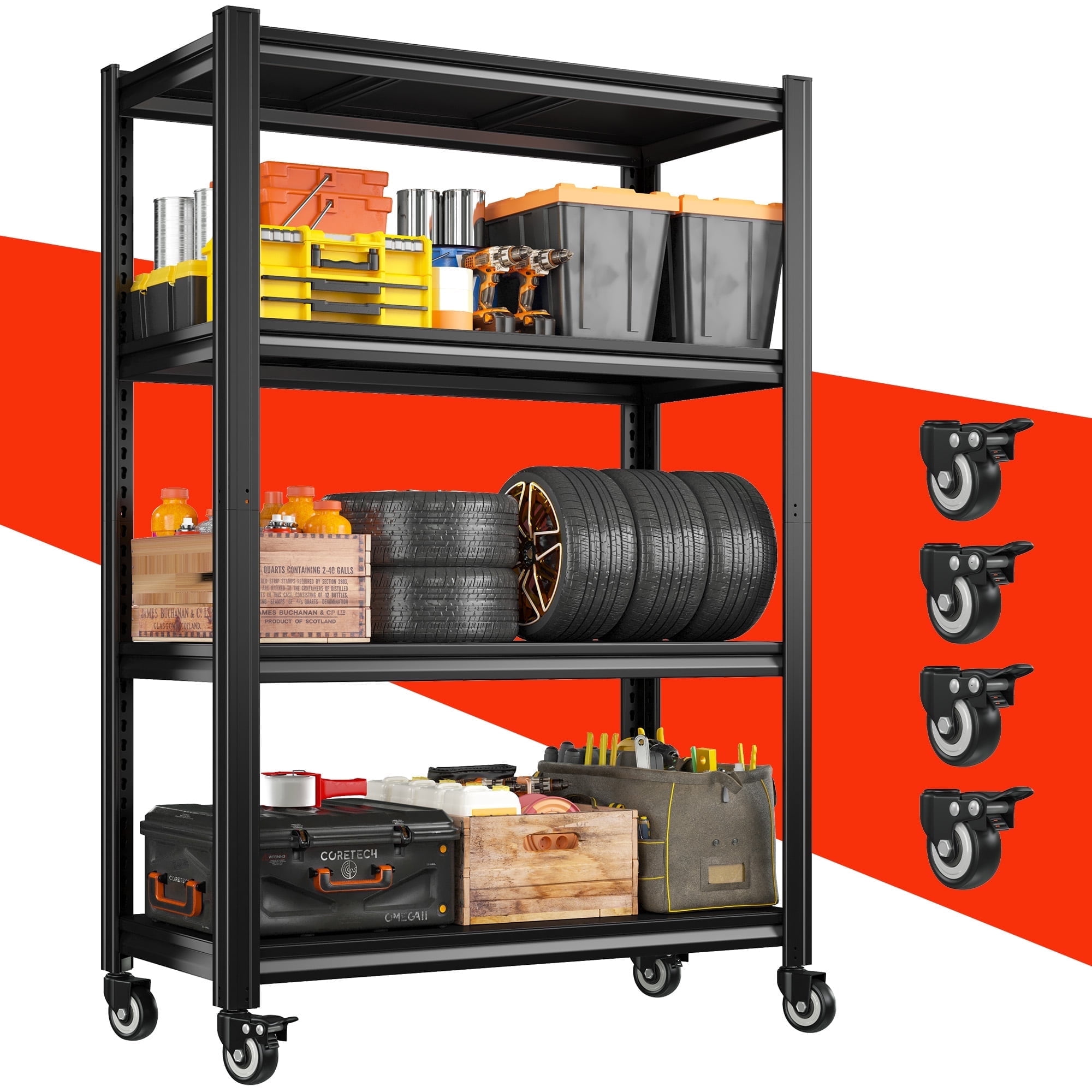 REIBII Storage Shelves with Wheels 4 Tier 800lbs Capacity Heavy Duty ...