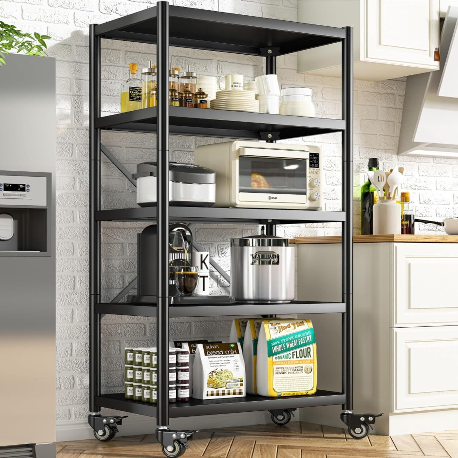 REIBII Storage Shelves with Wheels 5 Tier Metal Shelves for Storage ...