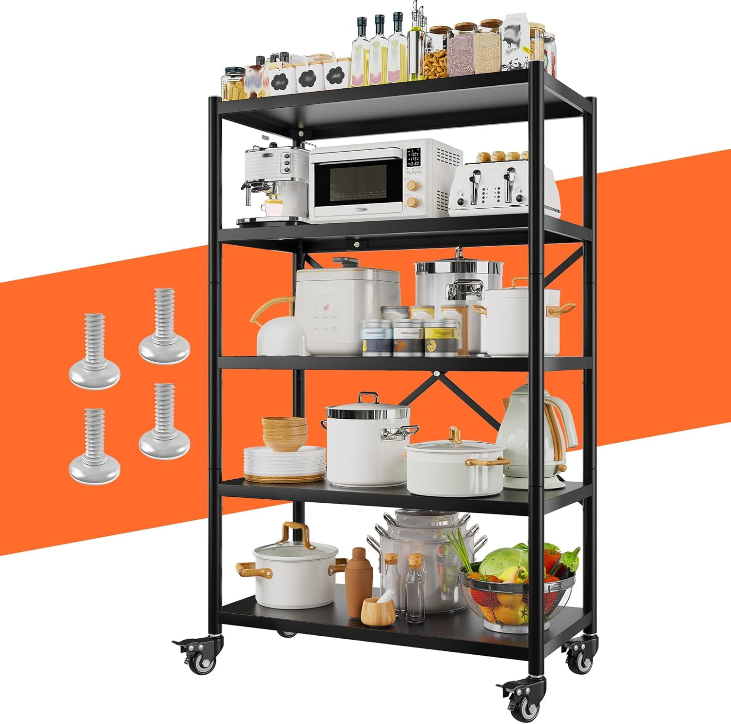 REIBII Storage Shelves with Wheels Metal Shelving with Wheels & Feet, 5 ...