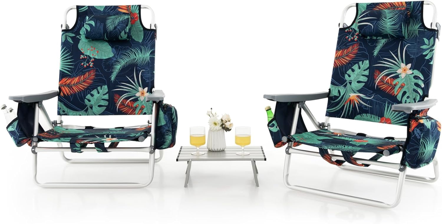 REKHH Backpack Beach Chair with Table, 5-Position Lay Flat Chairs with ...