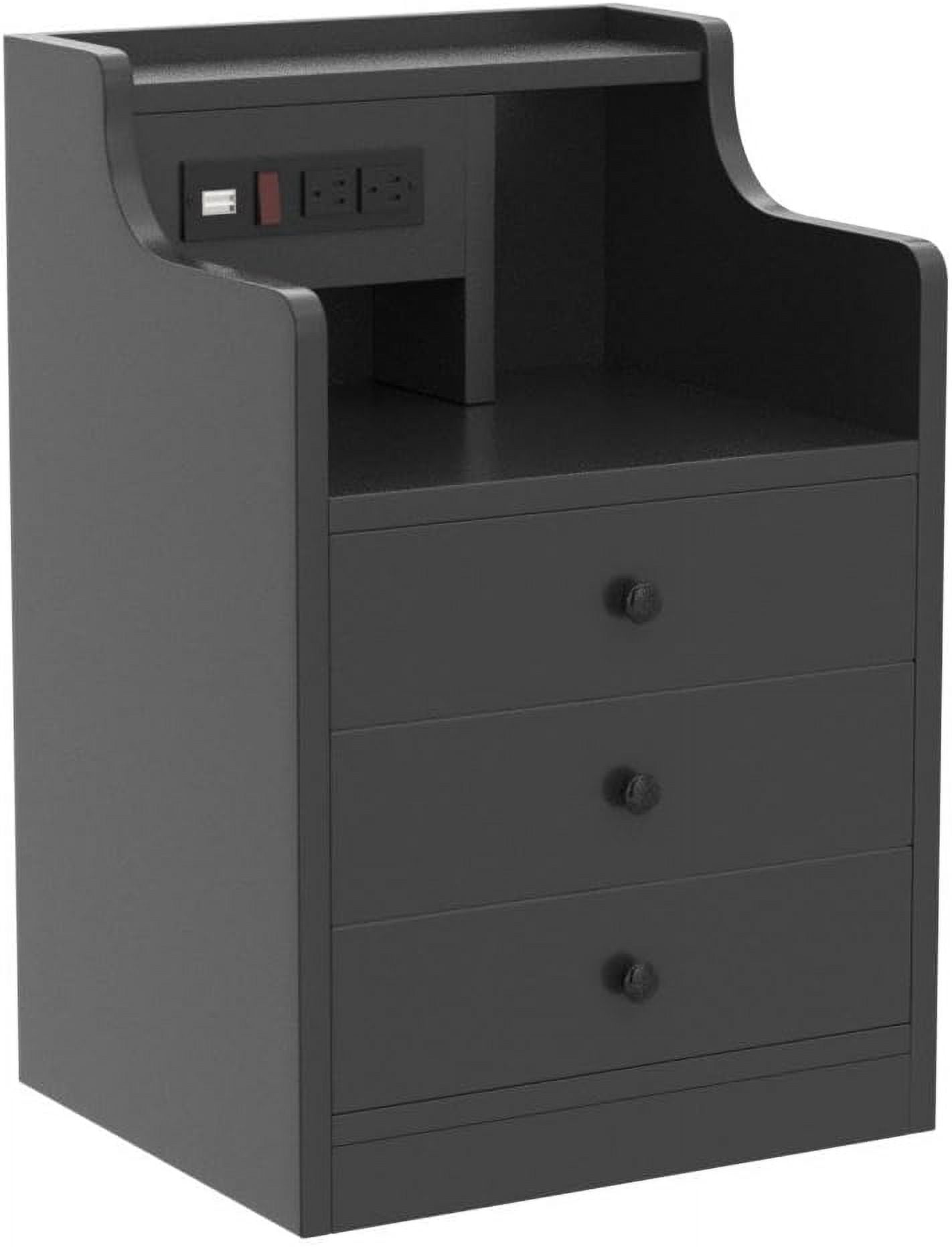 REKHH Black Nightstand with Charging Station 3 Drawers, Wood Sofa End ...