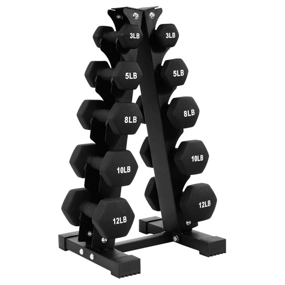 REKHH Neoprene Coated Iron Dumbbell Hex Weights Set with Stand – Color ...