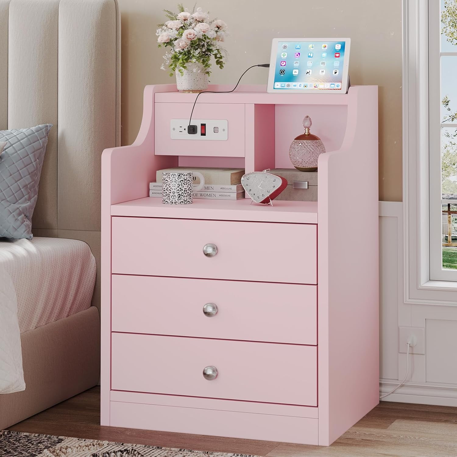 REKHH Nightstand with Charging Station, Pink Night Stands with Hutch, 3 ...