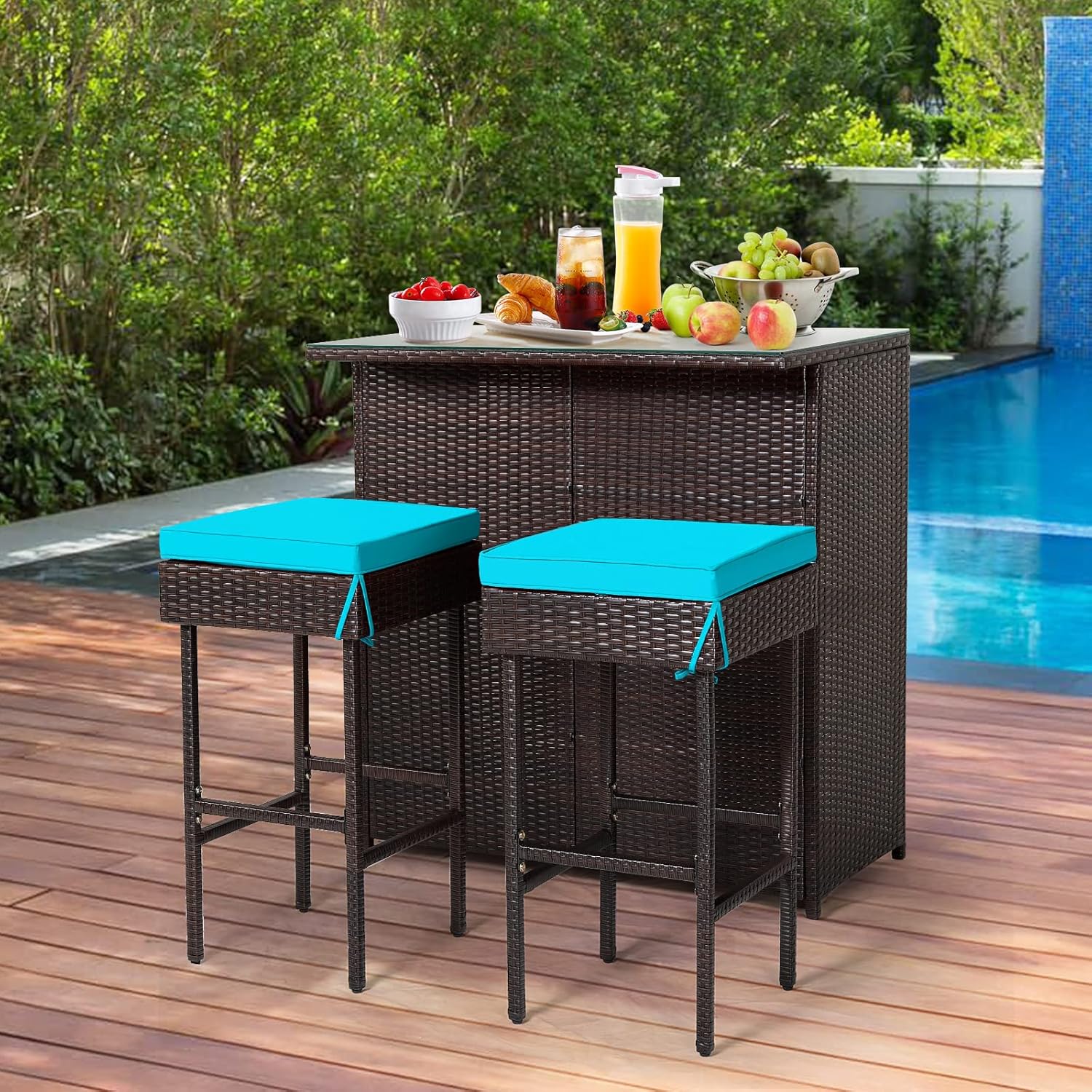RELAX4FLIE 3-Piece Outdoor Bar Set, Patio Wicker Bar Table and Chairs ...