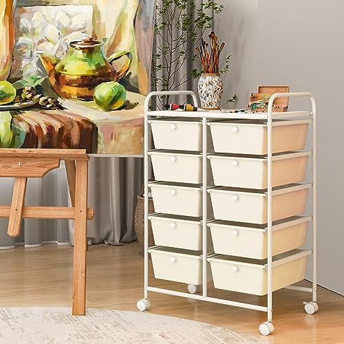 RELAX4LIFE 10 Drawer Storage Cart - Ivory Metal Frame Rolling Art Cart ...