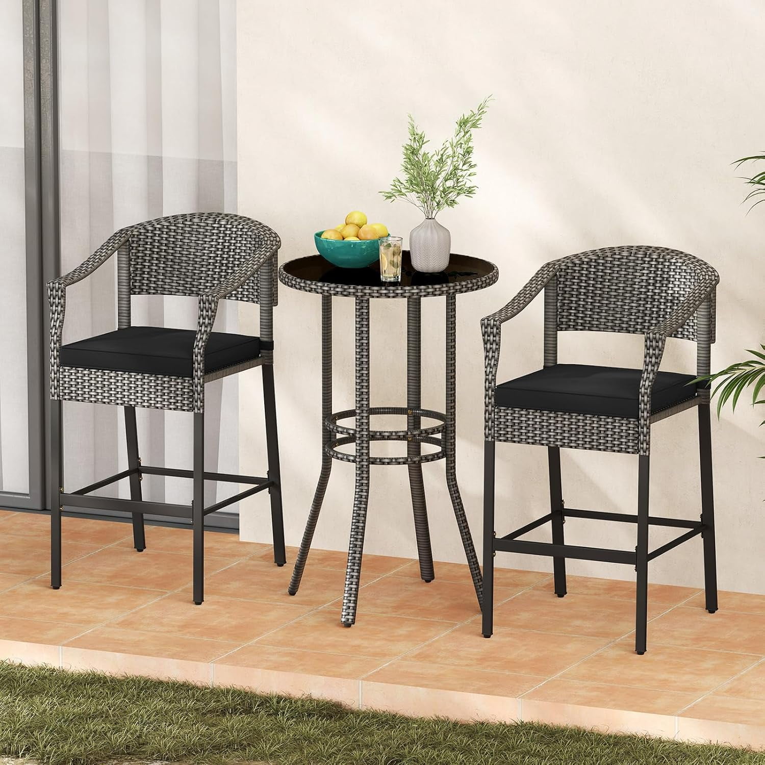 RELAX4LIFE 3-Piece Outdoor Bar Set - Patio Wicker Rattan Bar Height ...