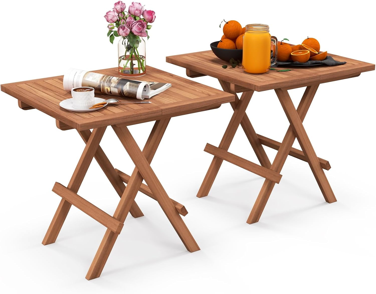 RELAX4LIFE Folding Outdoor Side Table - Set of 2 Teak Wood End Table ...