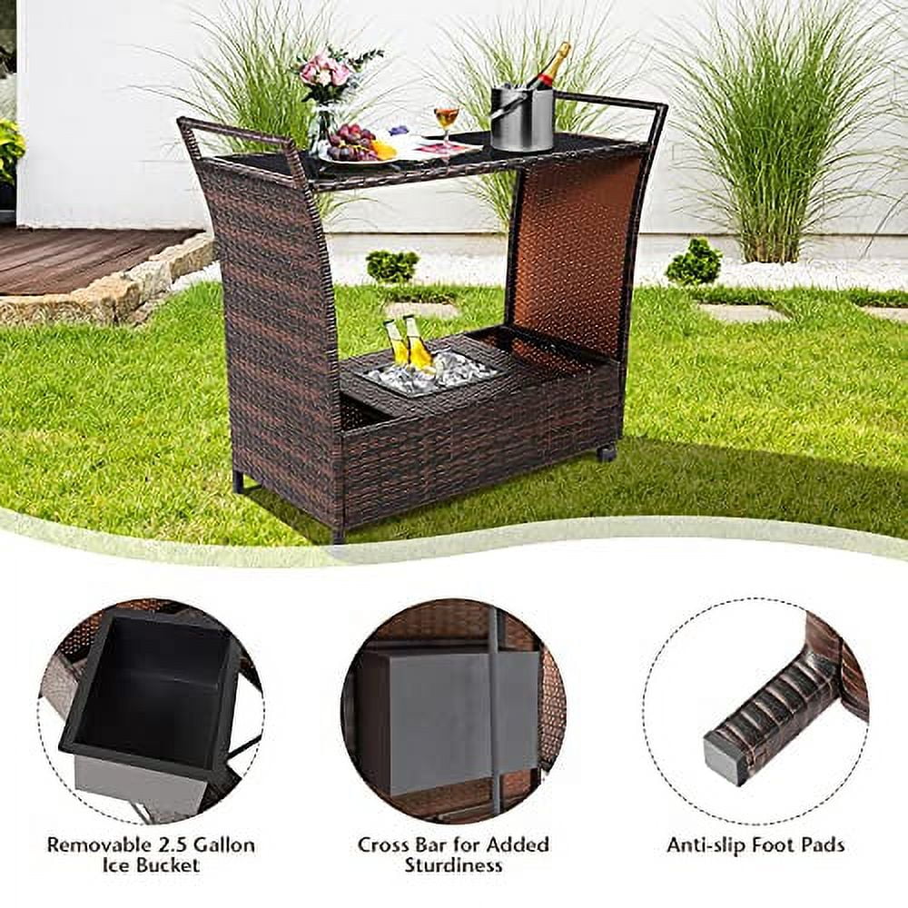 RELAX4LIFE Outdoor Wicker Bar Cart with Removable Ice bucket, Patio ...