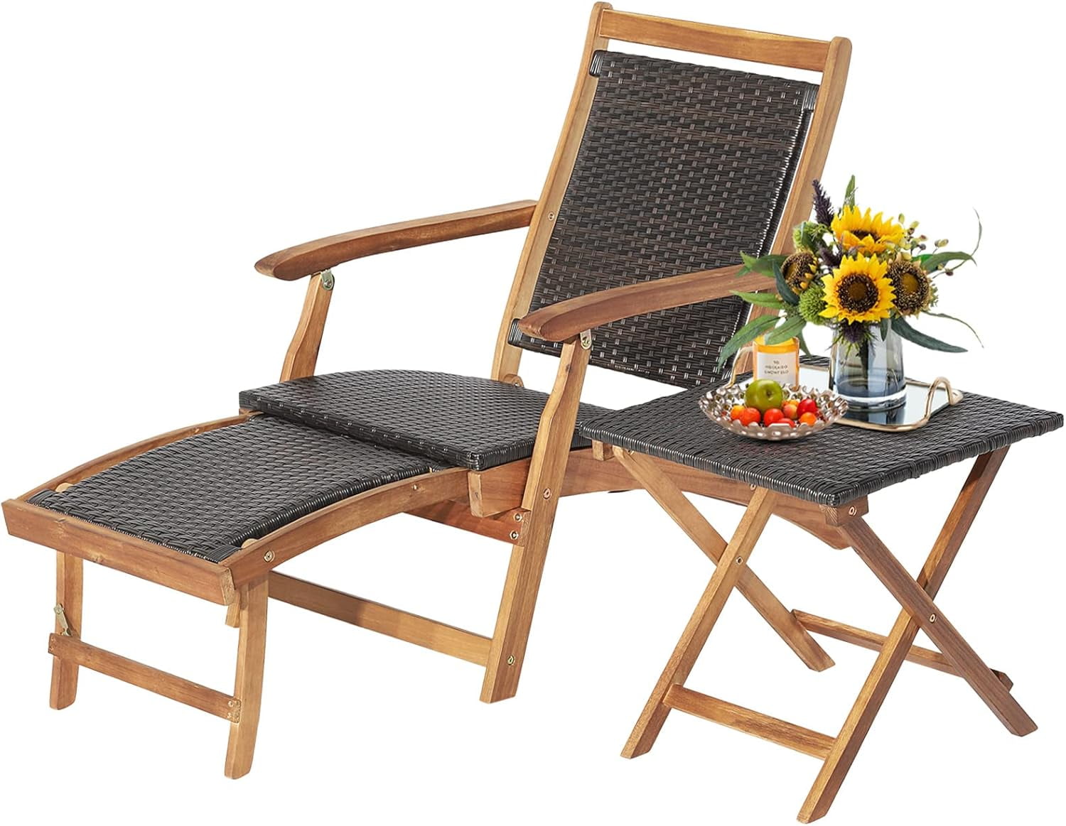 RELAX4LIFE Patio Lounge Chair Set - Outdoor Acacia Wood Chaise Lounge w ...