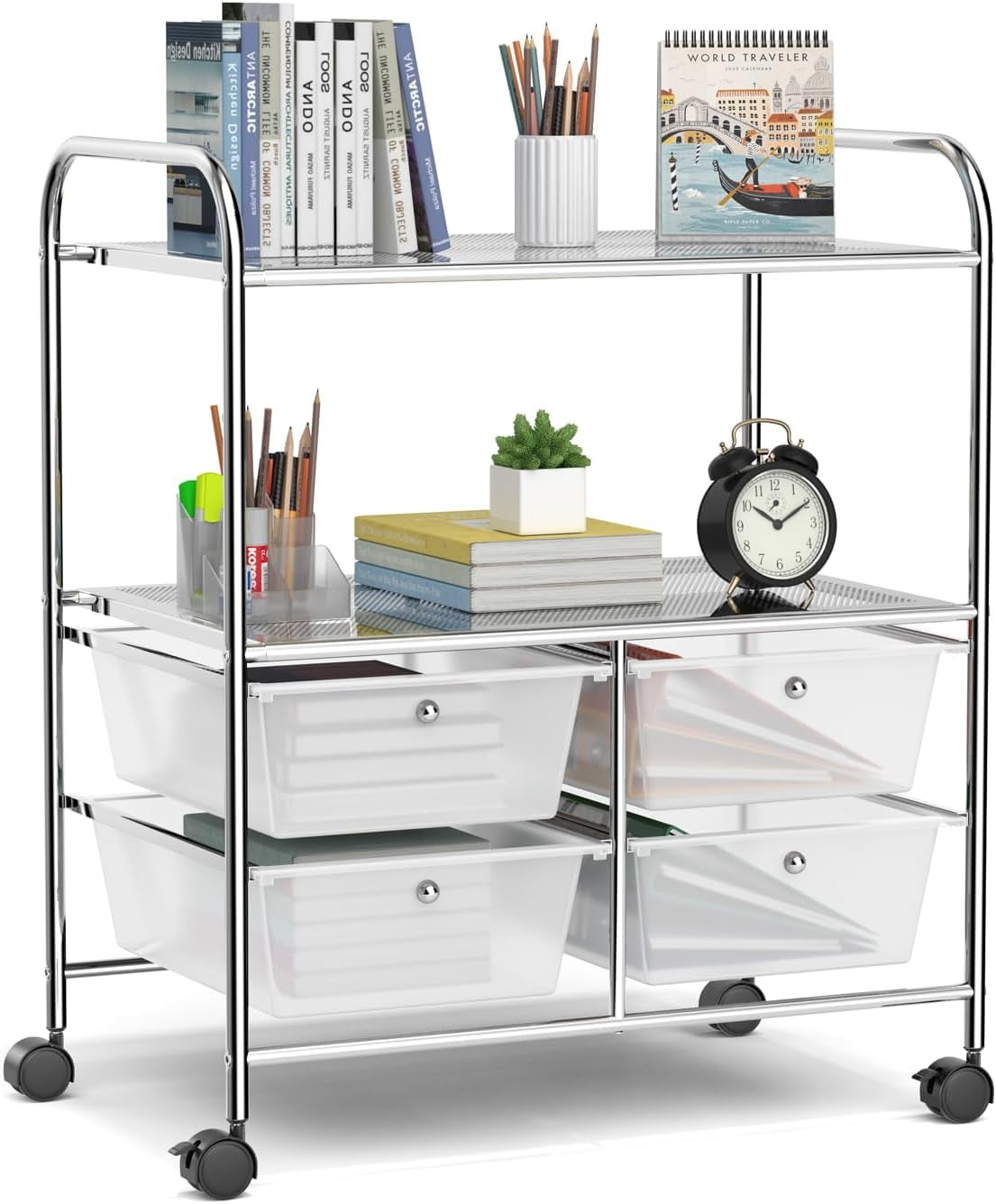 RELAX4LIFE Rolling Storage Cart with Drawers & Shelves, Metal Frame ...